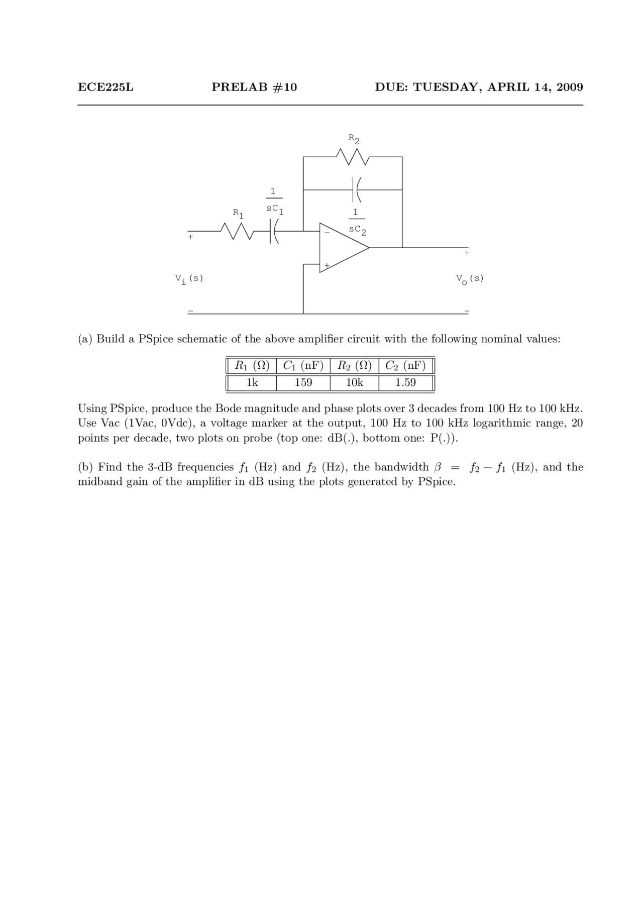 Pspice Schematic Laboratory 10 Fall 2009 Ece 225 Docsity