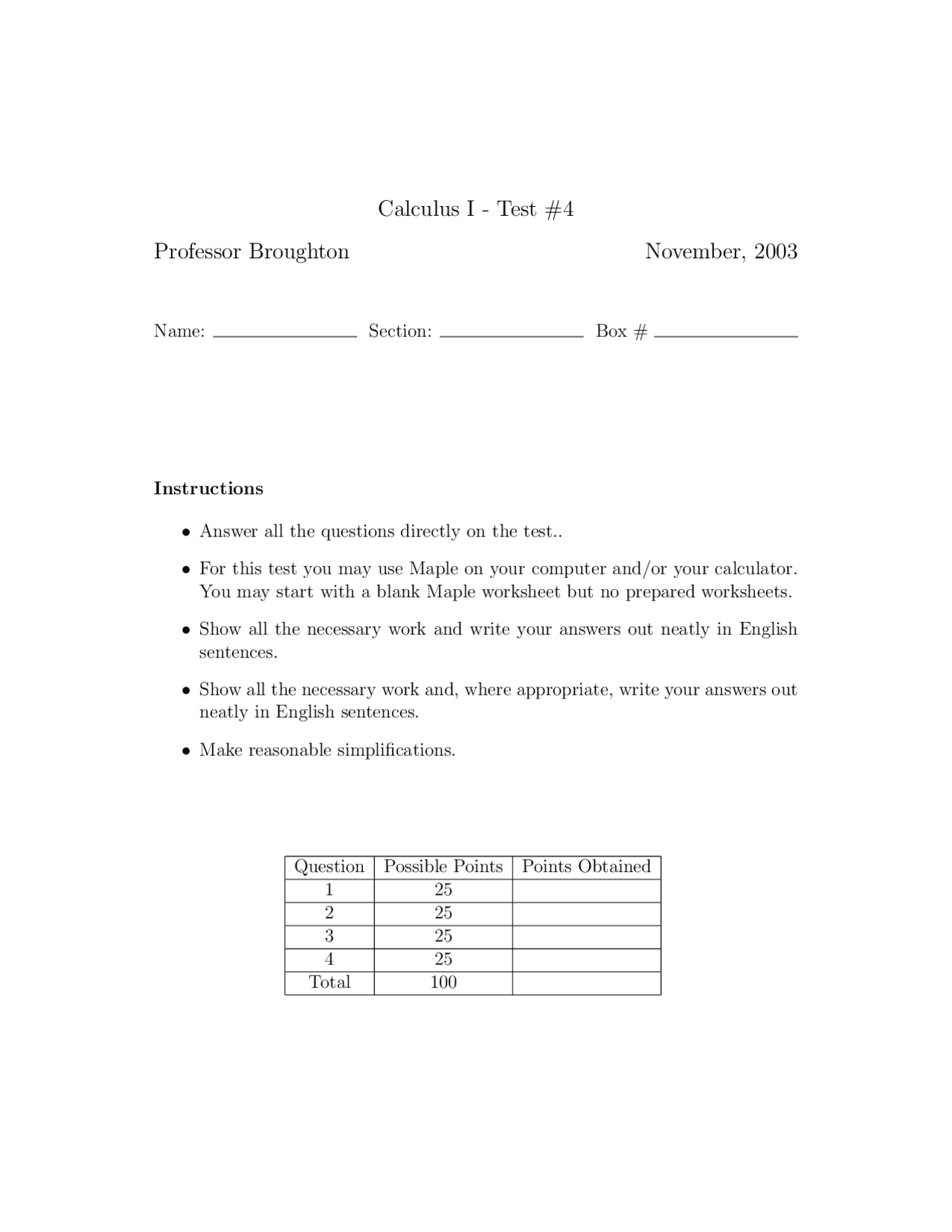 Questions On Calculus I Test Iv Ma 111 Docsity