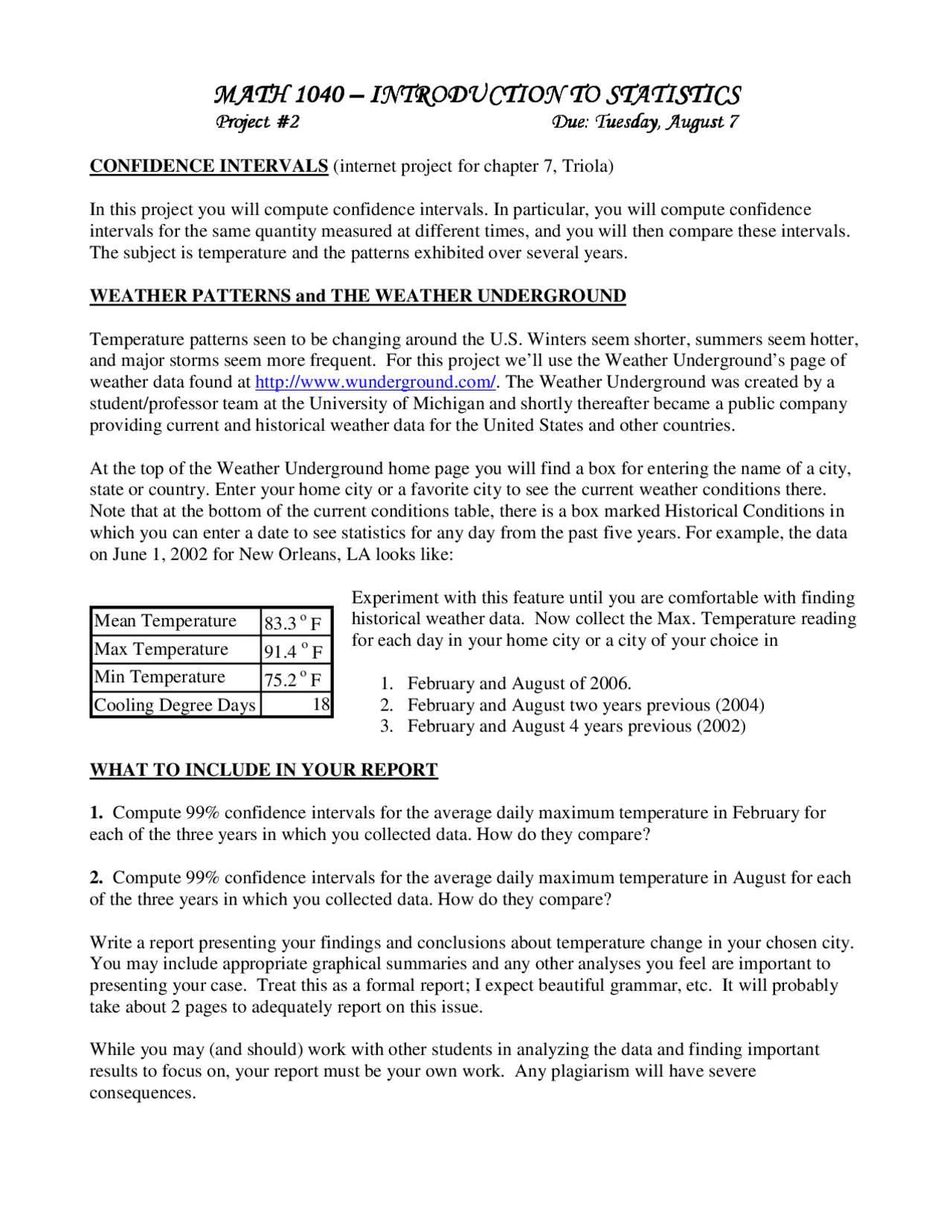 Project 2 For Introduction To Statistics Math 1040 Docsity