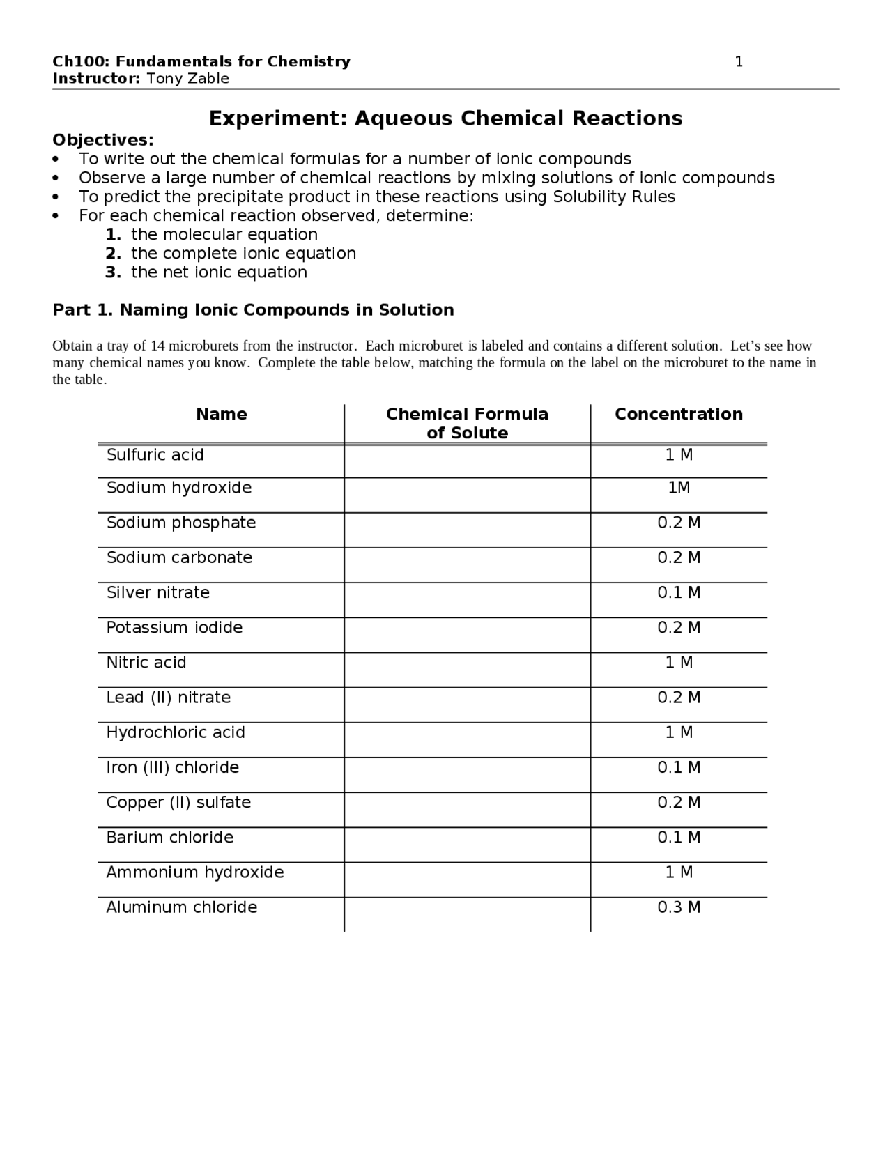 Introduction To Aqueous Chemical Reactions Experiment Ch 100 Docsity