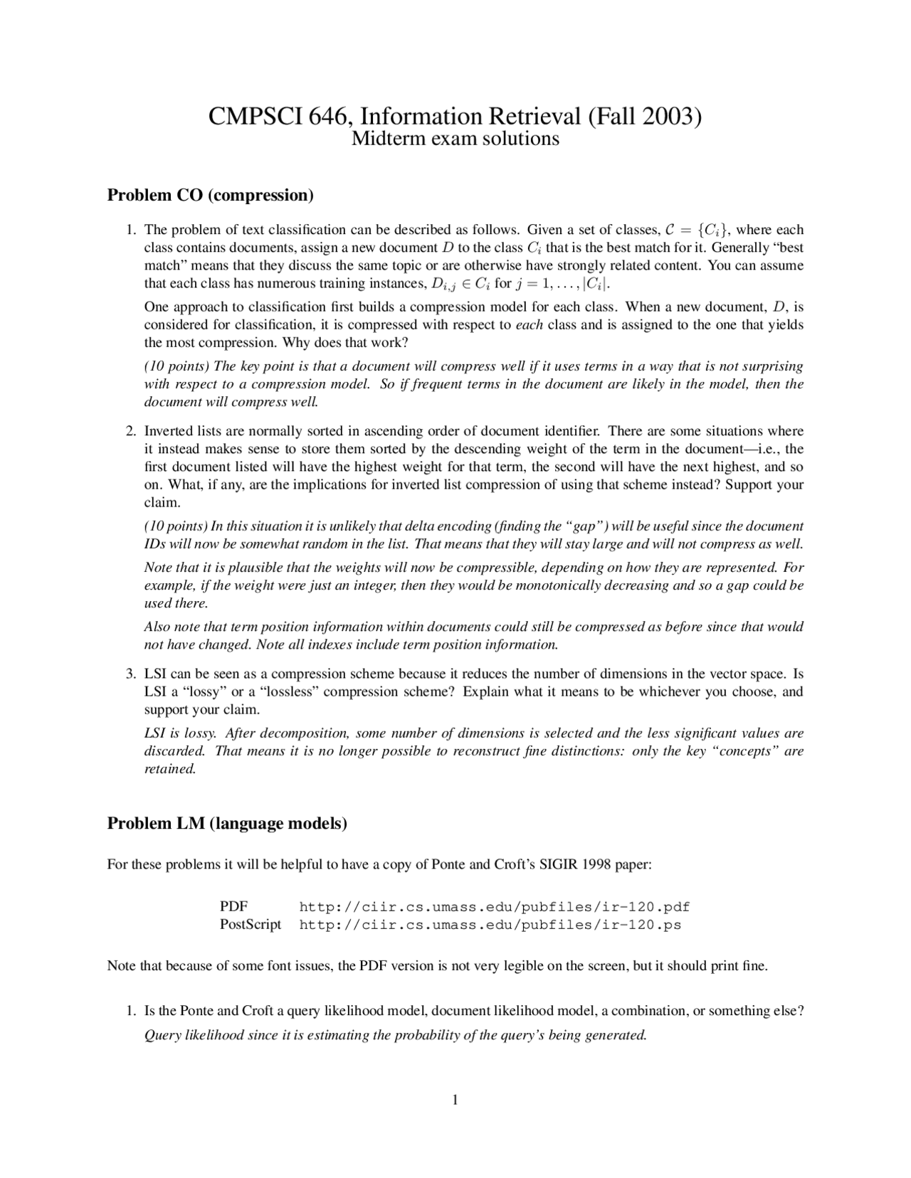 Midterm Exam Solutions Information Retrieval Cmpsci 646 Docsity