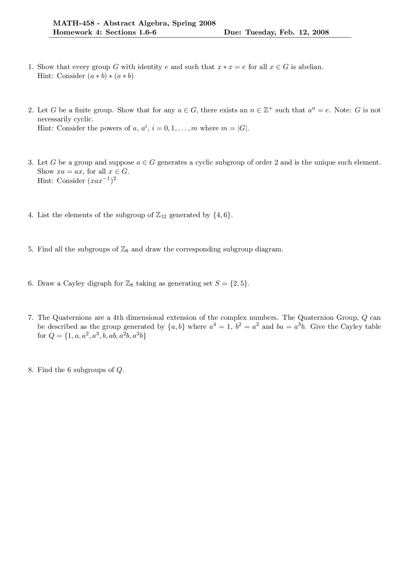 Homework 4 Practice - Abstract Algebra | MATH 458 - Docsity