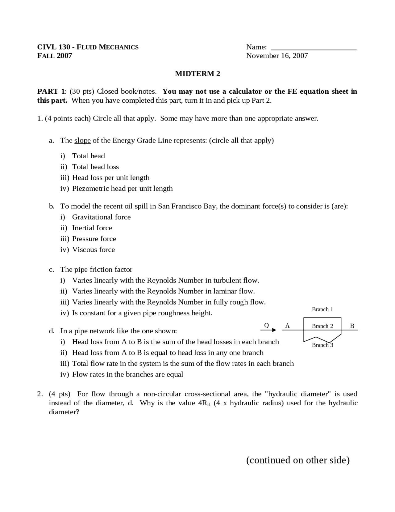 Midterm Exam 2 Questions with Solutions for Fluid Mechanics I | CIVL 130 - Docsity