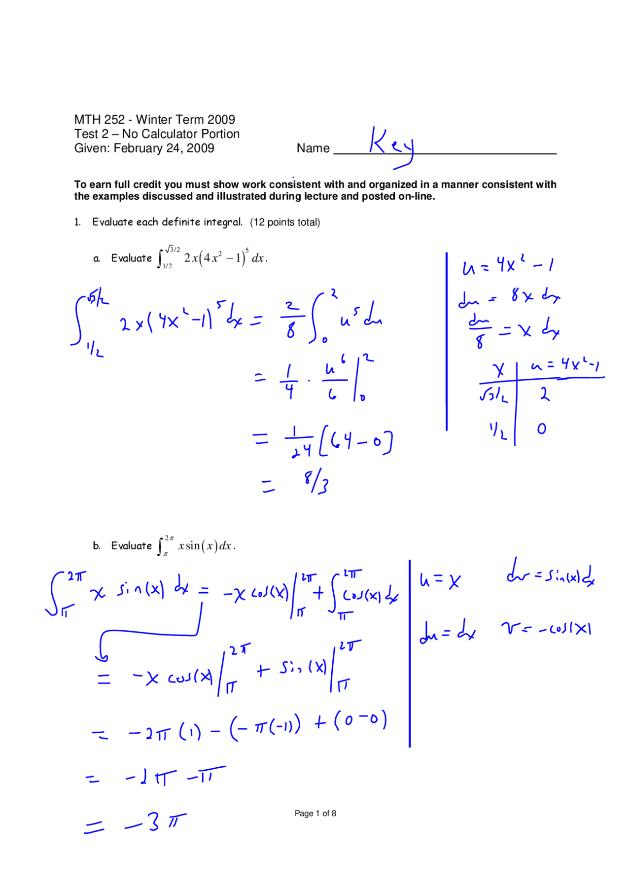 Answers Key Exam 2 Calculus Ii Mth 252 Docsity