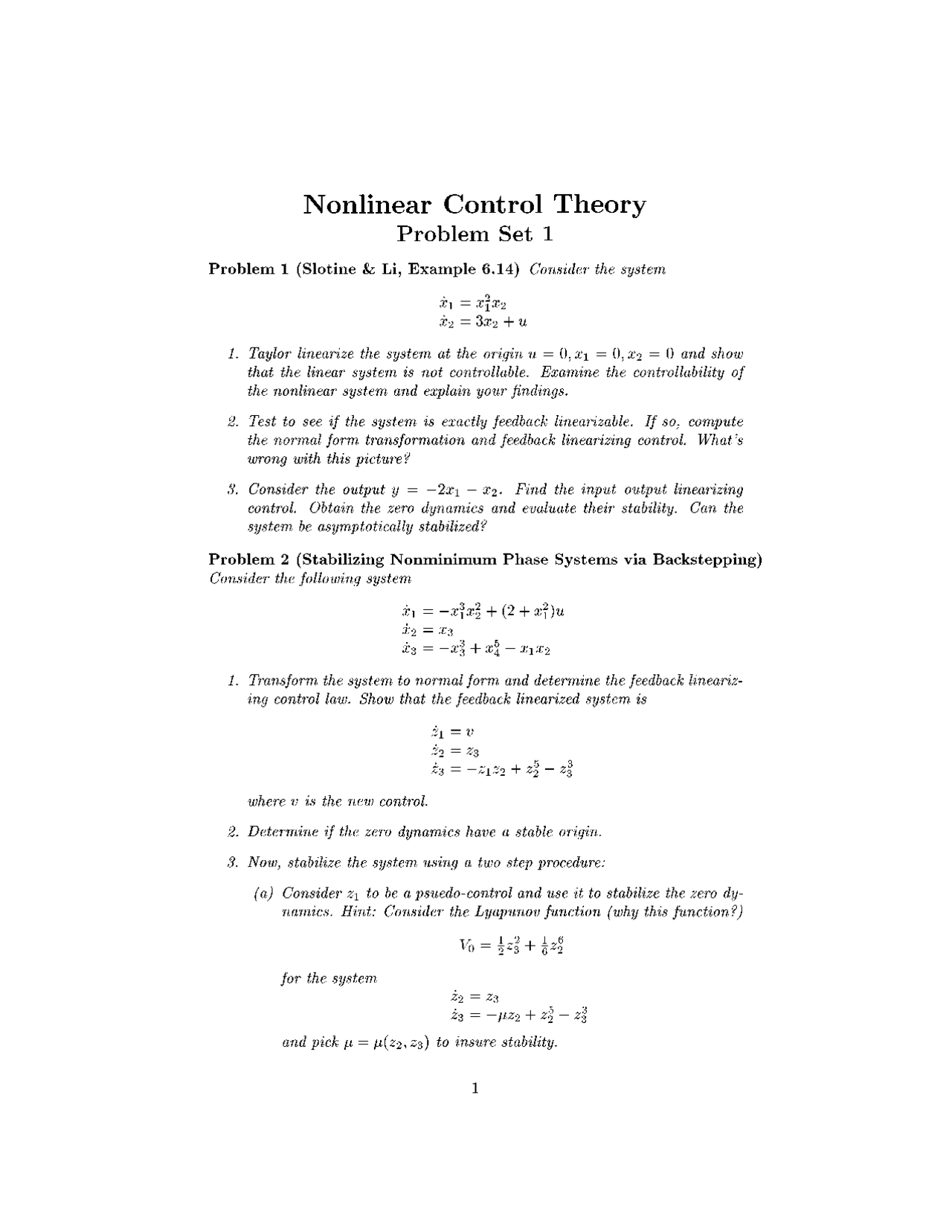 Nonlinear Control Theory Problem Set 1 | MEM 636 - Docsity