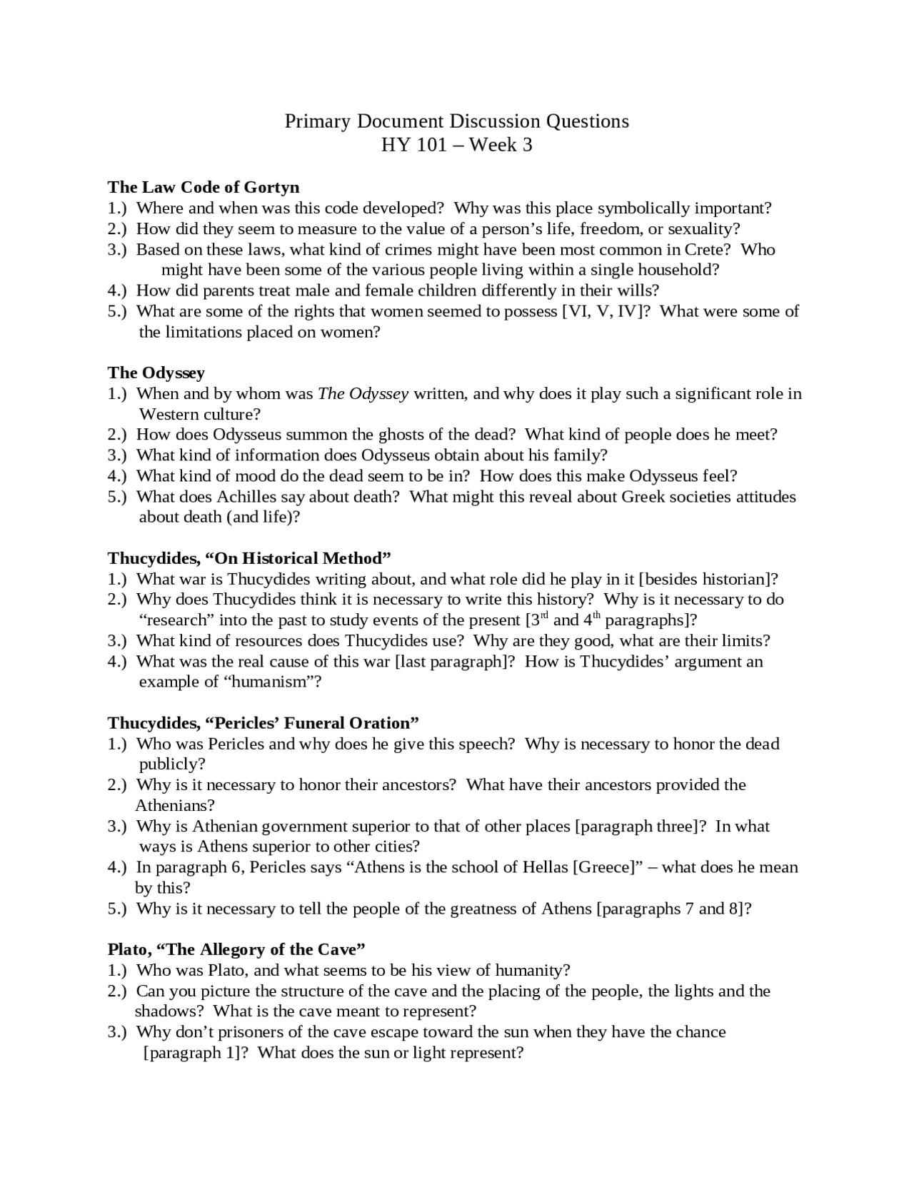 Primary Document Discussion Questions - Western Civilization I | HY 101 ...