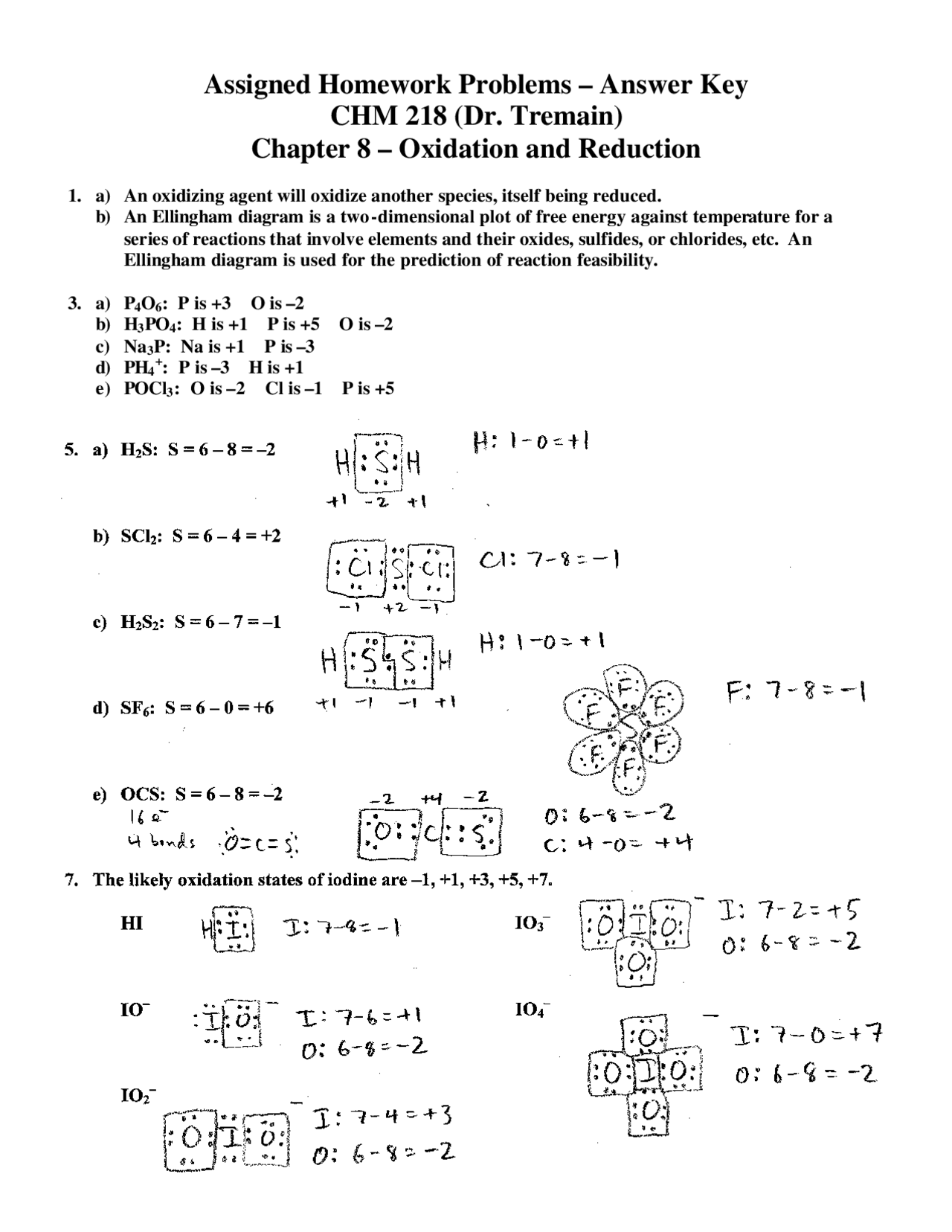 Oxidation And Reduction Solved Homework Chm 218 Docsity