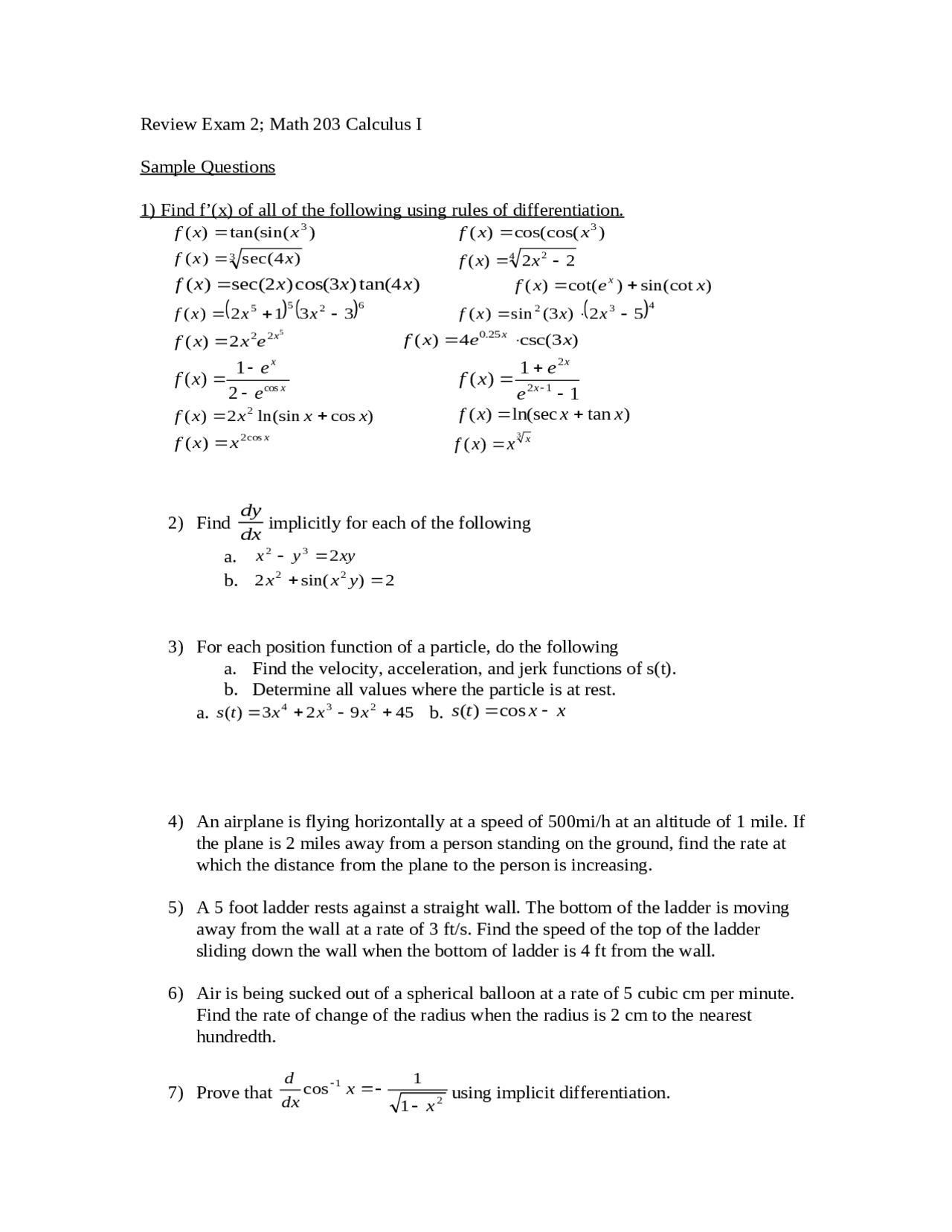 Review Exam 2 Sample Questions for Calculus I | MATH 203 - Docsity