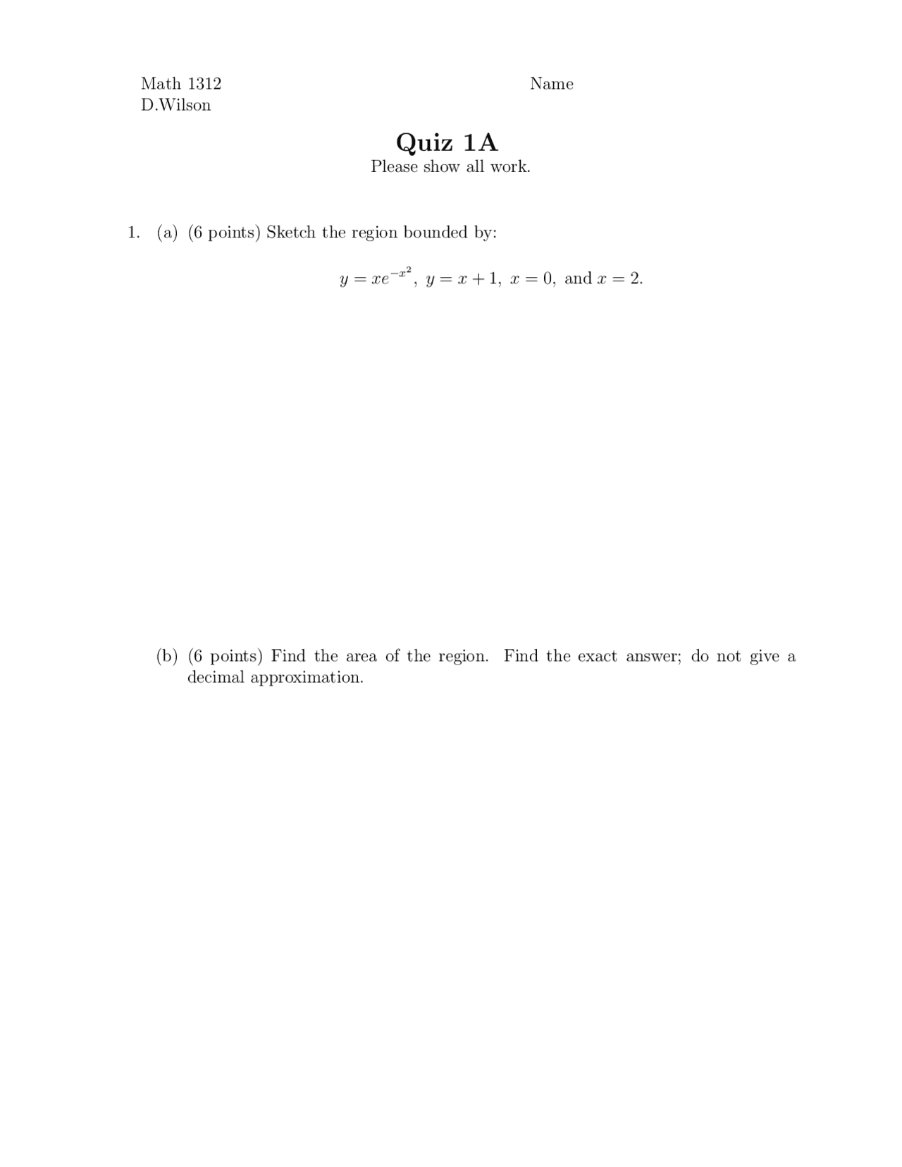 Practice Quiz 1 Form A - Calculus II | MATH 1312 - Docsity