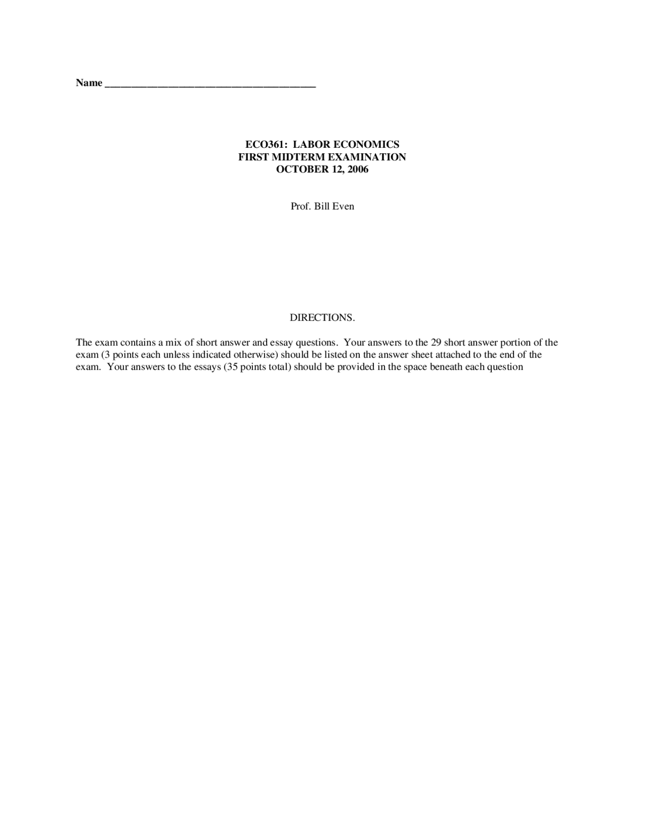 First Midterm Examination Labor Economics Eco 361 Docsity