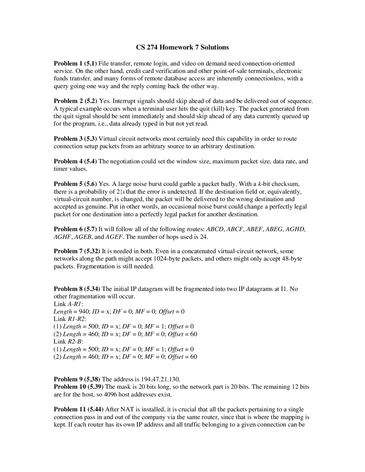 Solutions For Homework 7 Data Communications Cs 274 Assignments
