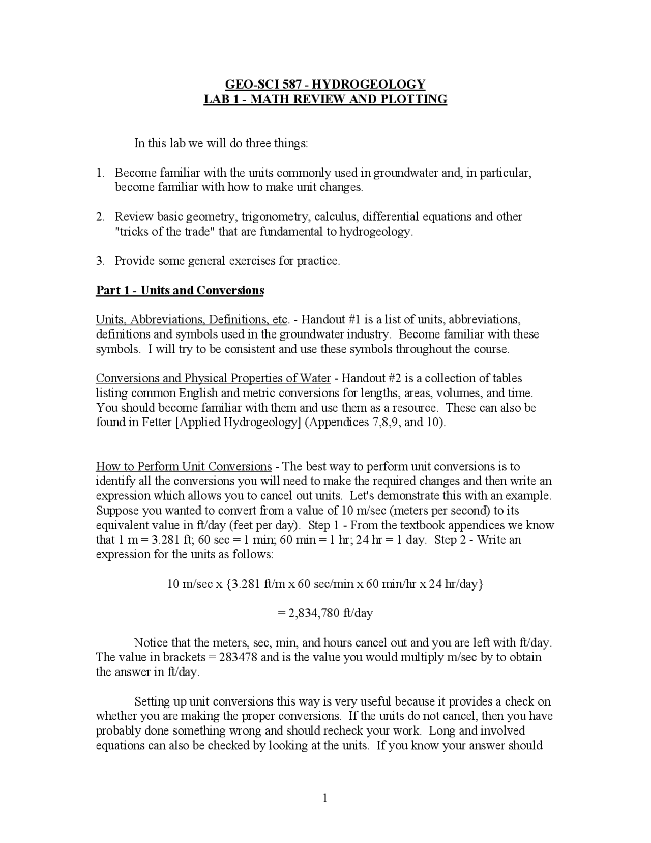 Lab 1 Math Review And Plotting Hydrogeology Geo Docsity