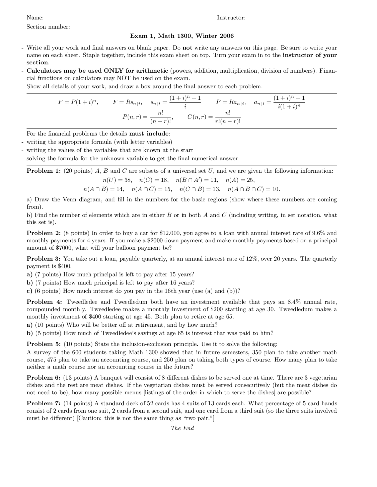 Finite Mathematics Exam 1 Problems Math 1300 Docsity