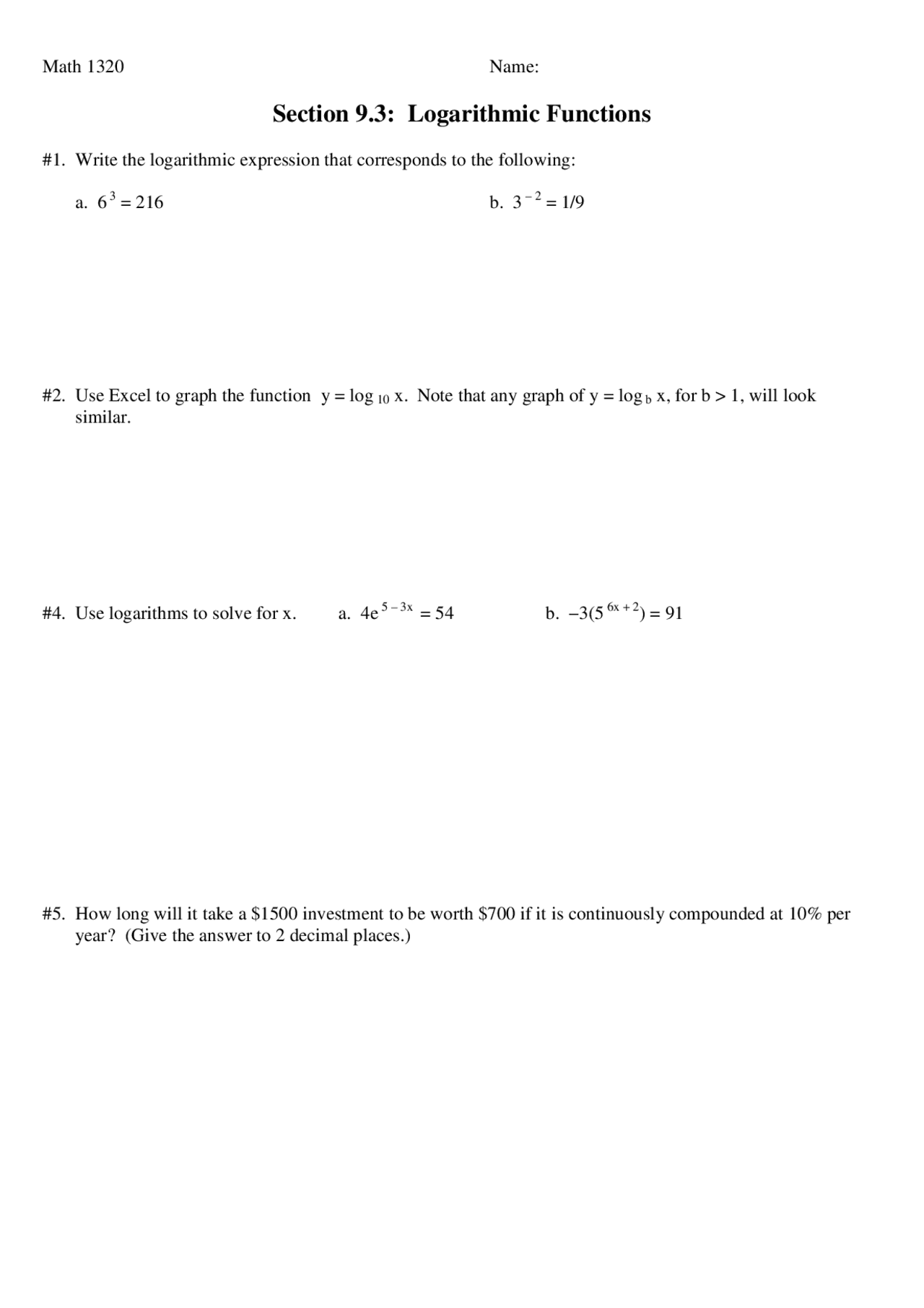Logarithmic Functions Mathematics For Social Sciences I Math 1320