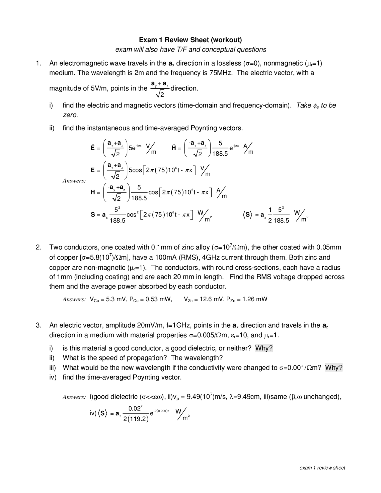 Exam 1 Review Sheet for Electromagnetic Waves | ECE 341 | Study notes ...
