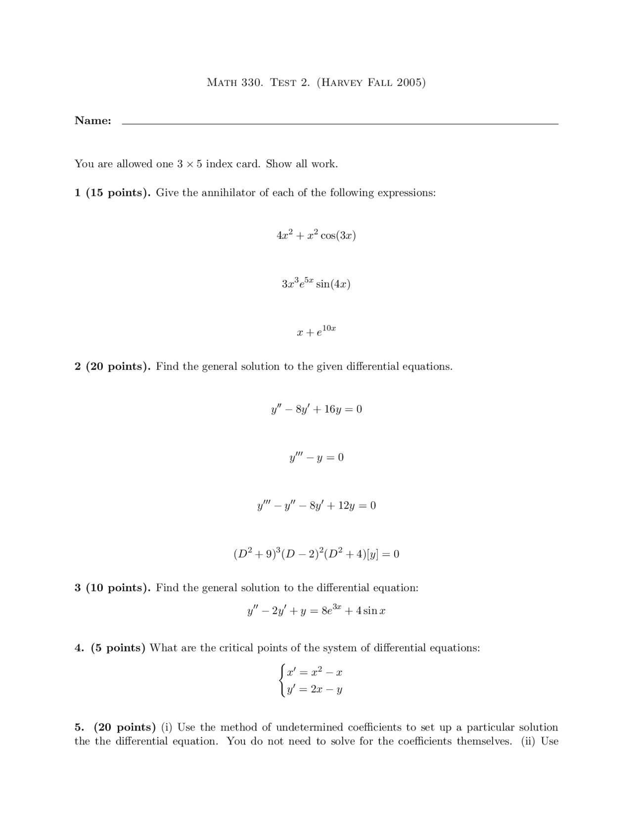8 Solved Problems On Differential Equations Exam 2 Math 330 Docsity