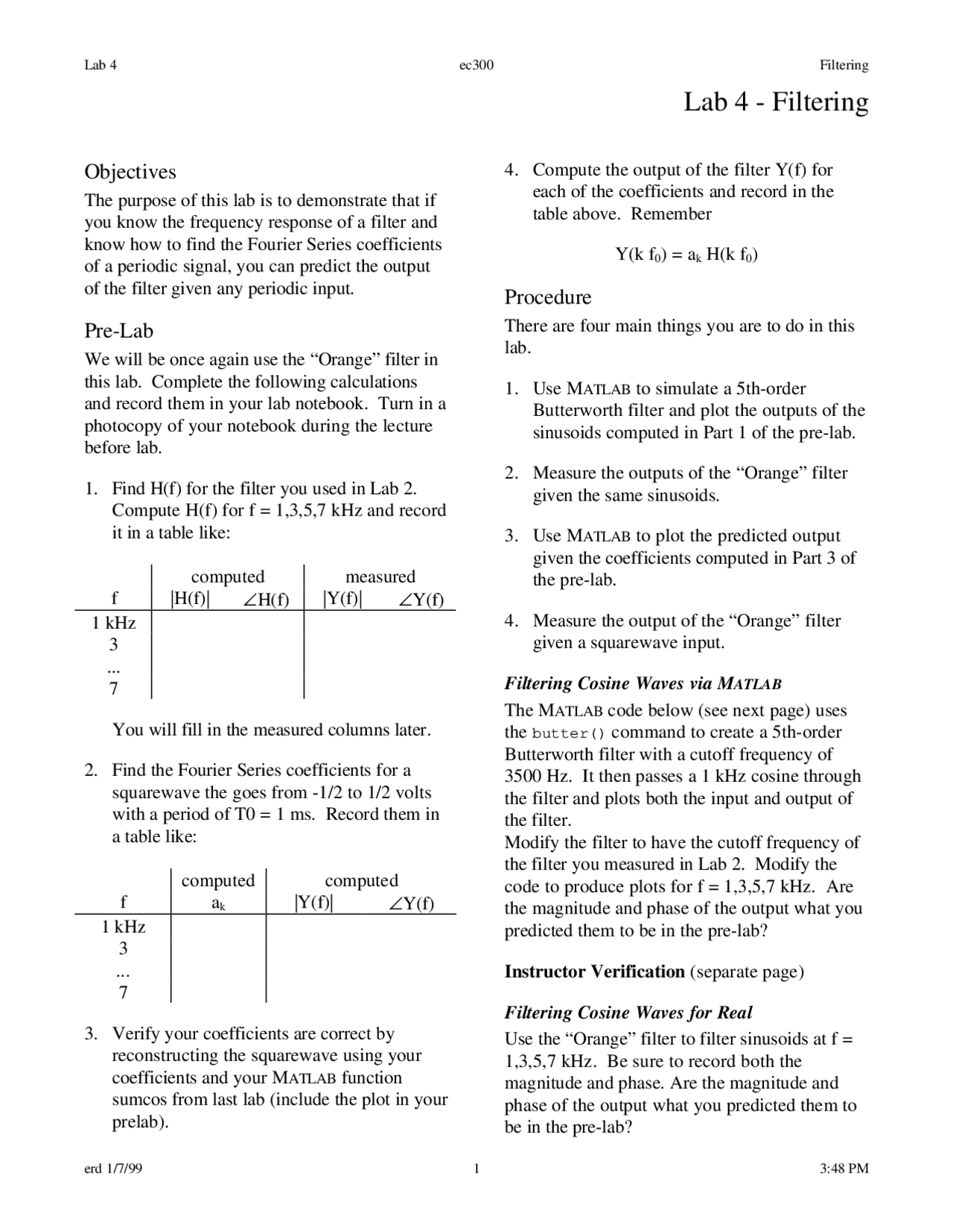 Filtering Continuous Time Signals And Systems Lab 4 Ece 300 Docsity