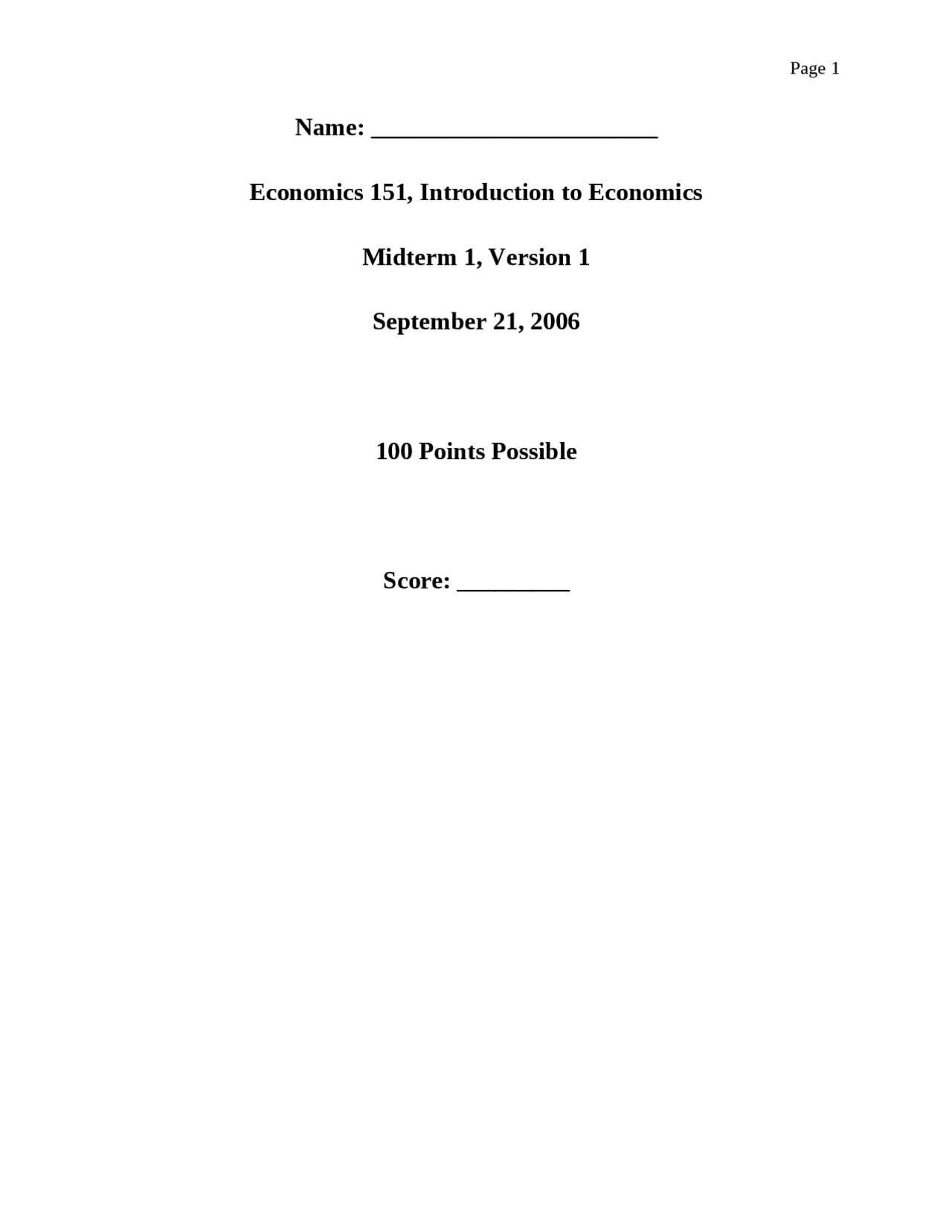 15 Mcqs Midterm Exam 1 Introduction To Economics Econ 151 Docsity