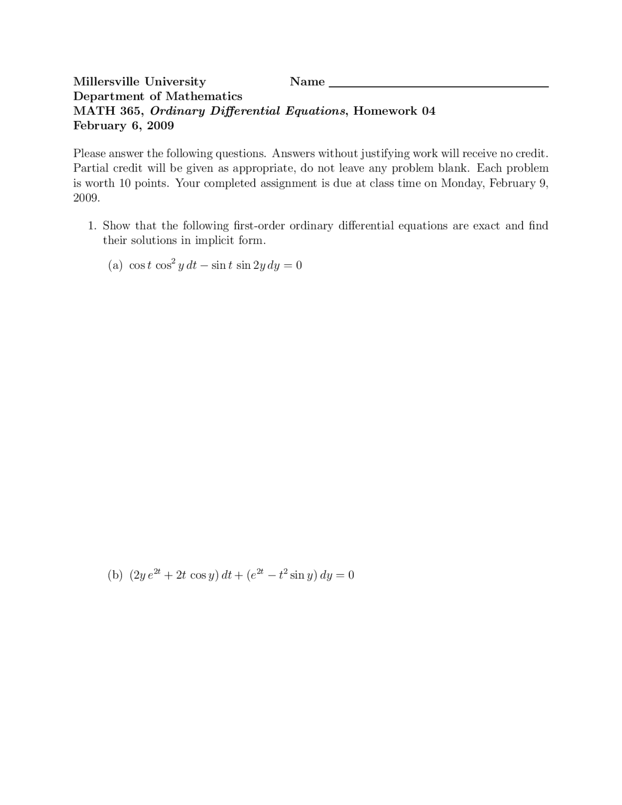 Homework 4 Ordinary Differential Equation Math 365 Docsity