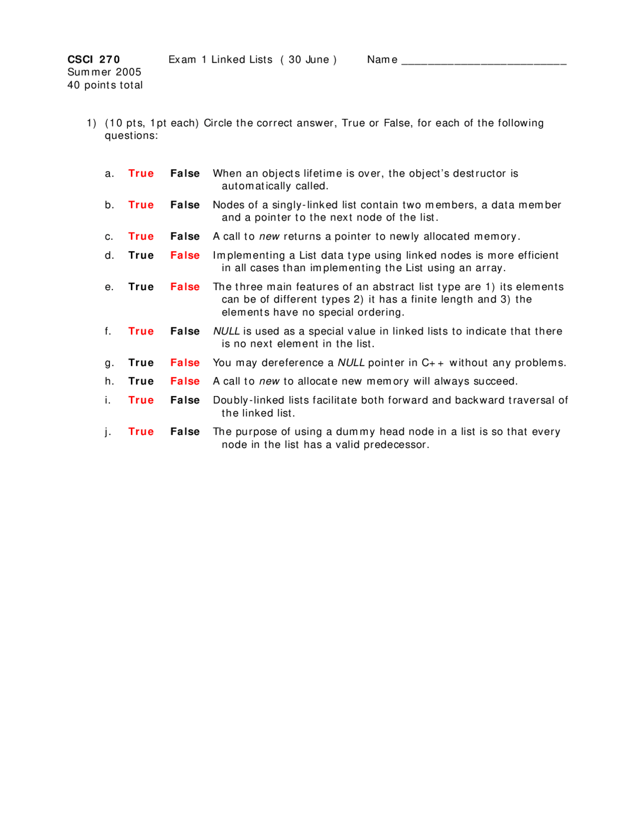 Examination 1 Data Structures Csci 270 Docsity