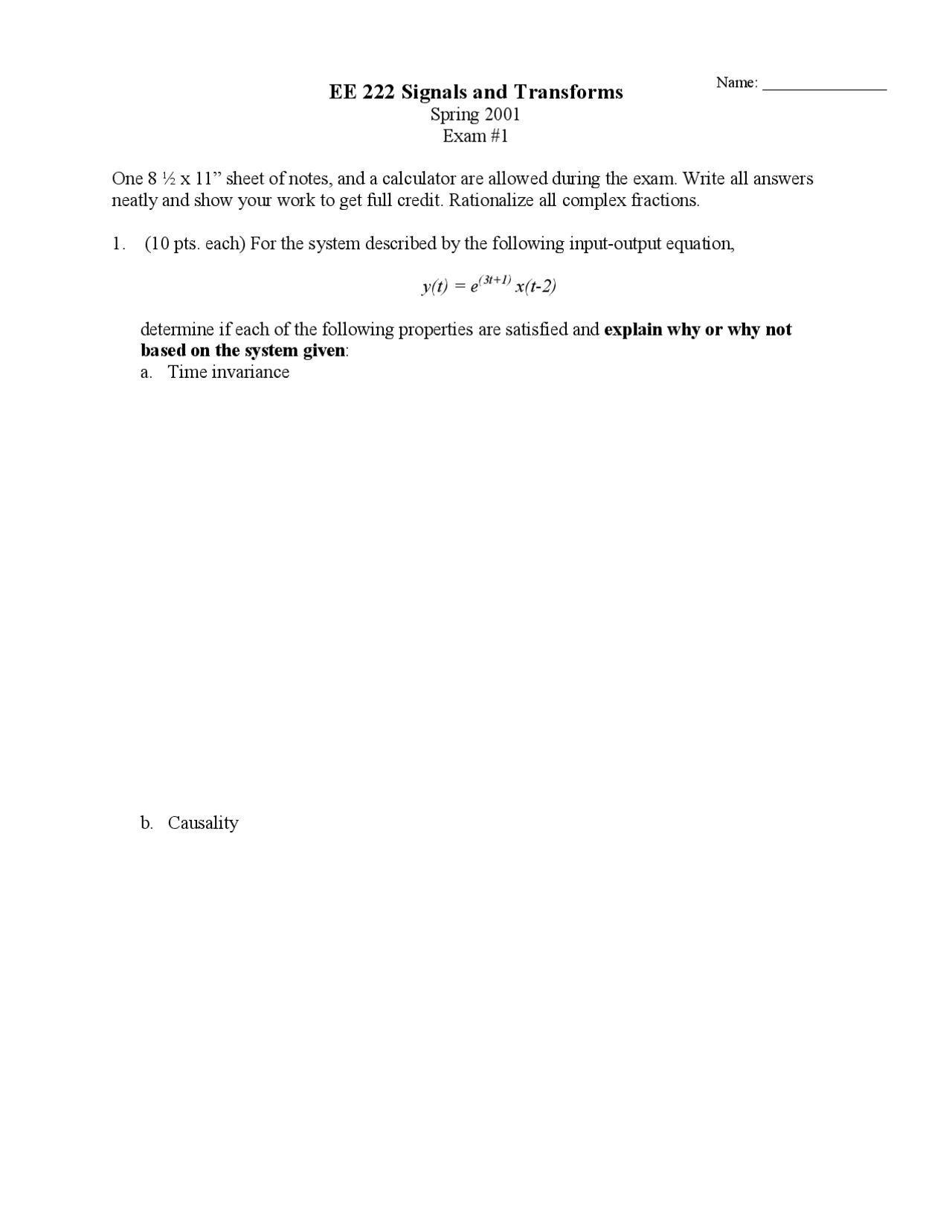 Practice Exam 1 For Signals And Systems Ece 350 Docsity