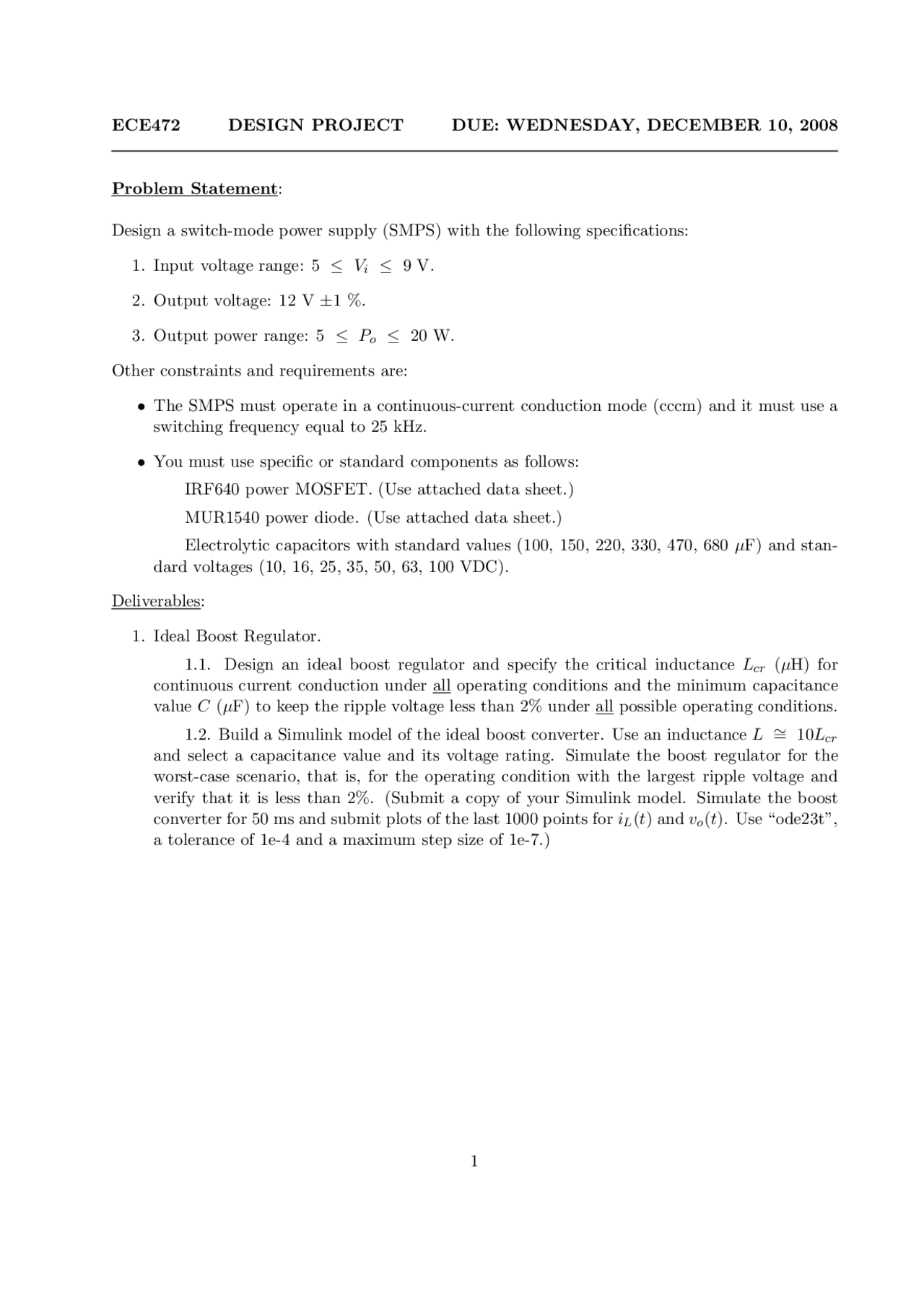 Design Project: Creating an SMPS with Ideal & Nonideal Boost Regulator ...