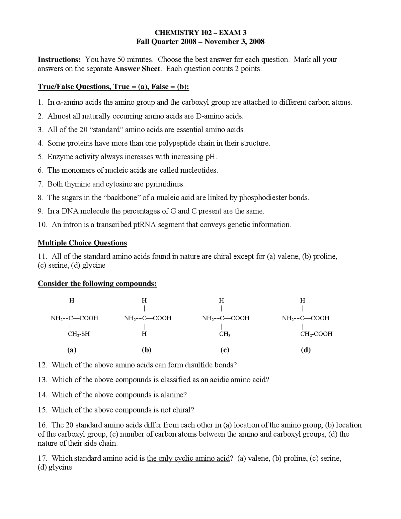 Exam 3 Elementary Organic Chemistry With Applications Chm 102 Docsity