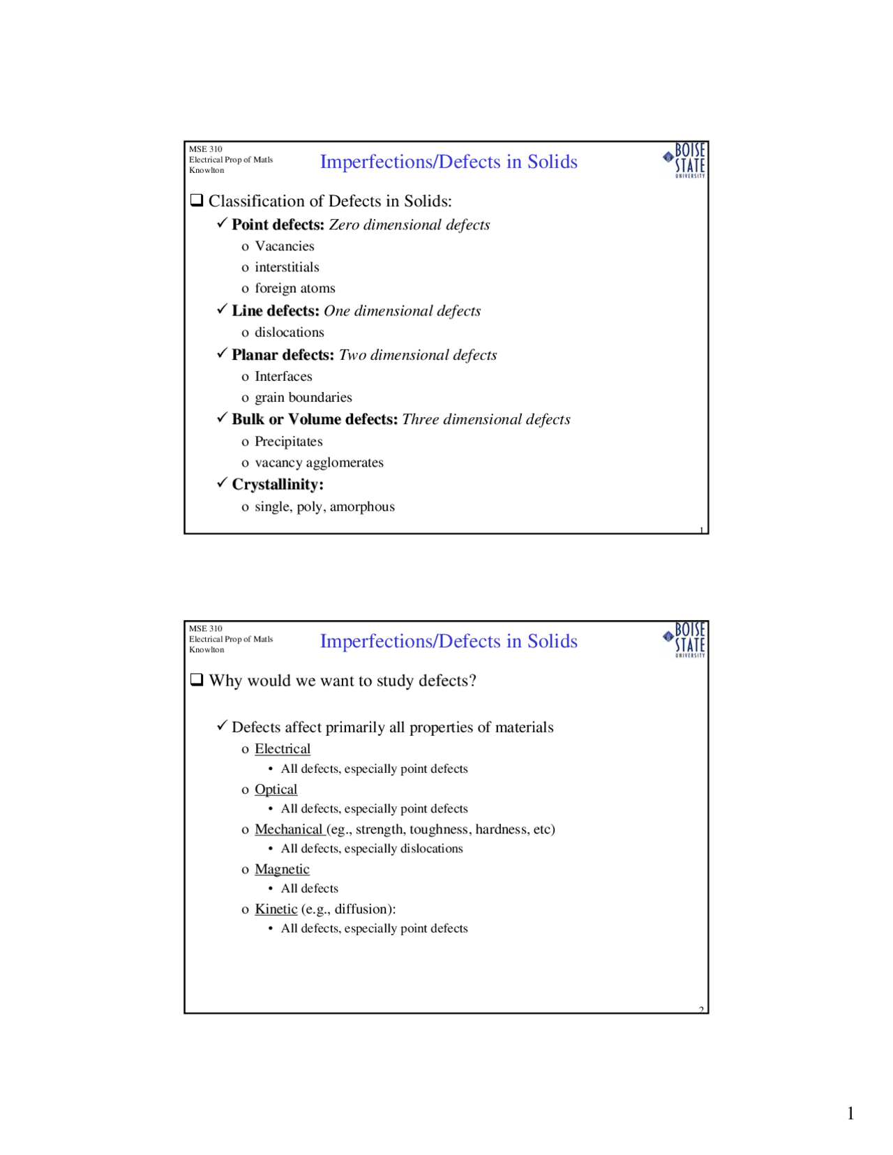 Imperfections And Defects In Solids Lecture Slides Mse 310 Docsity