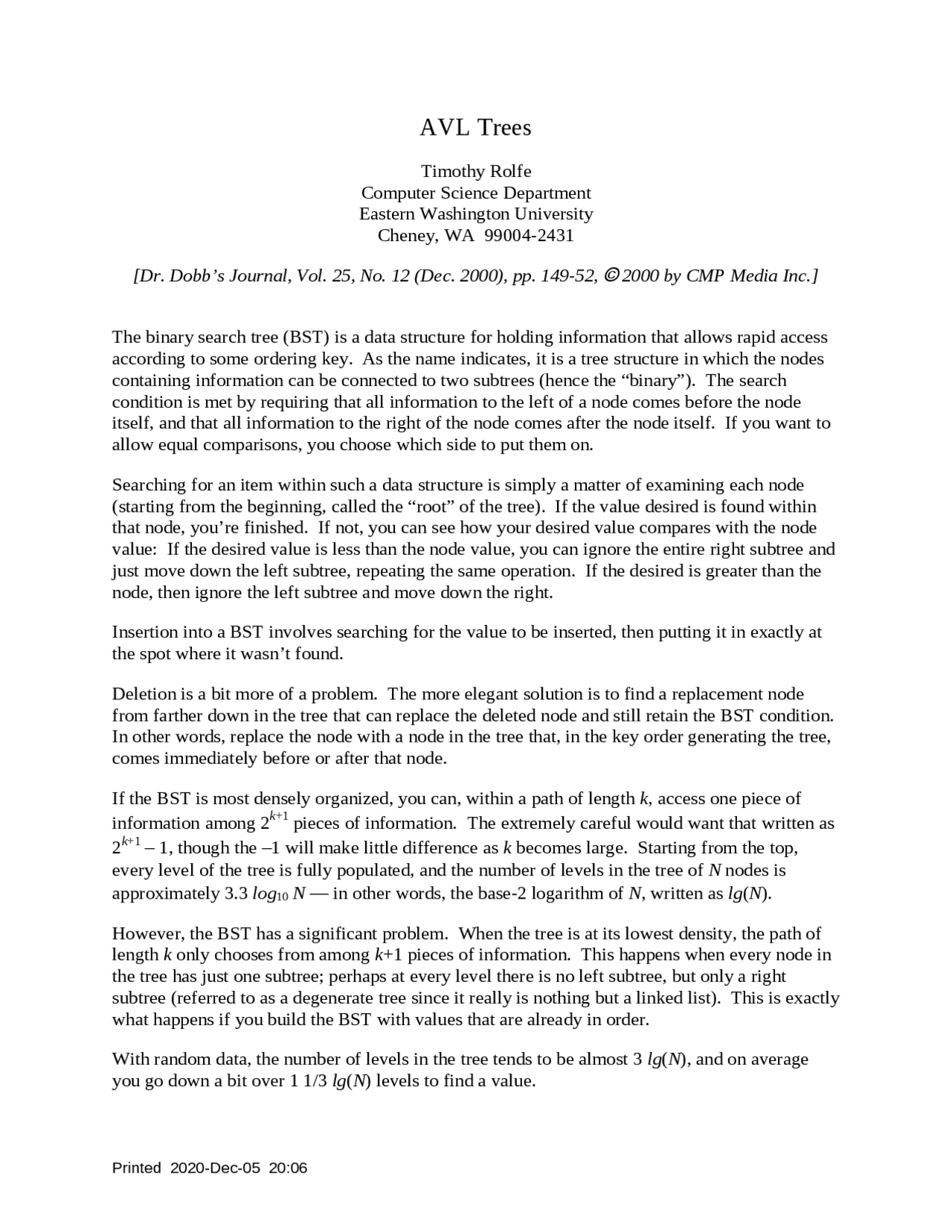 Notes On Binary Search Tree Algorithms Cscd 320 Docsity