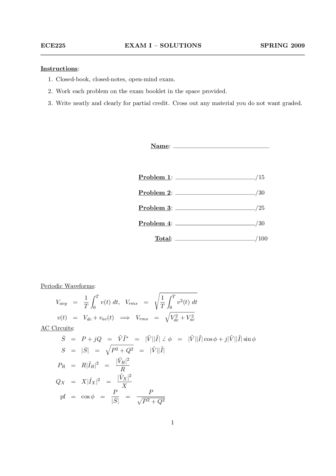 Exam 1 Problems Circuit Analysis And Design Spring 2009 Ece 225