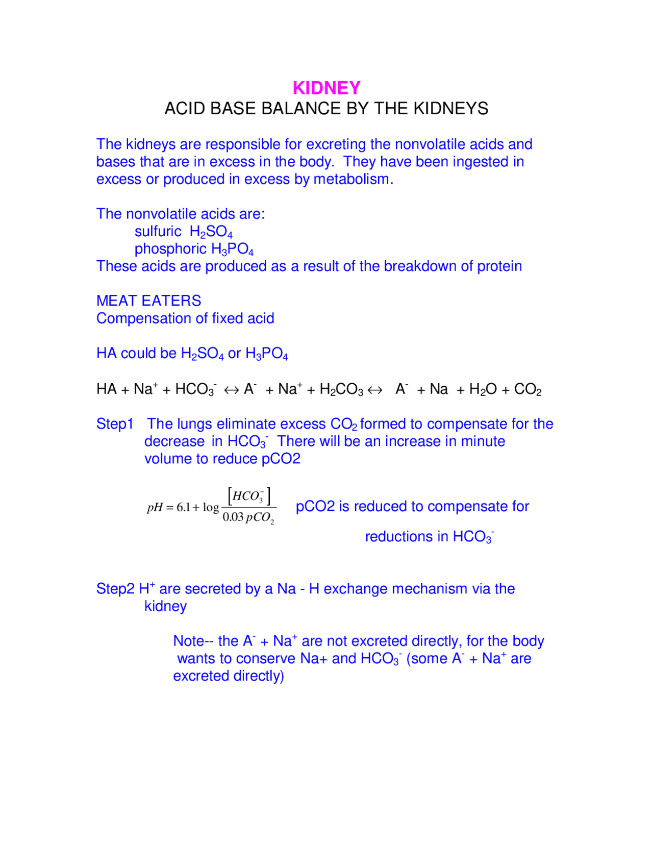 Acid Base Balance by The Kidneys - Lecture Notes | BIOS 355 - Docsity