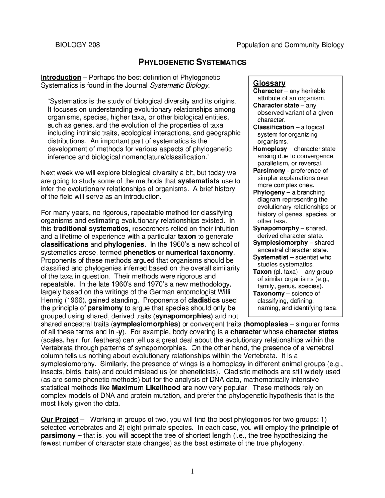 Phylogenetic Systematics Lecture Slides Biol 208 Docsity