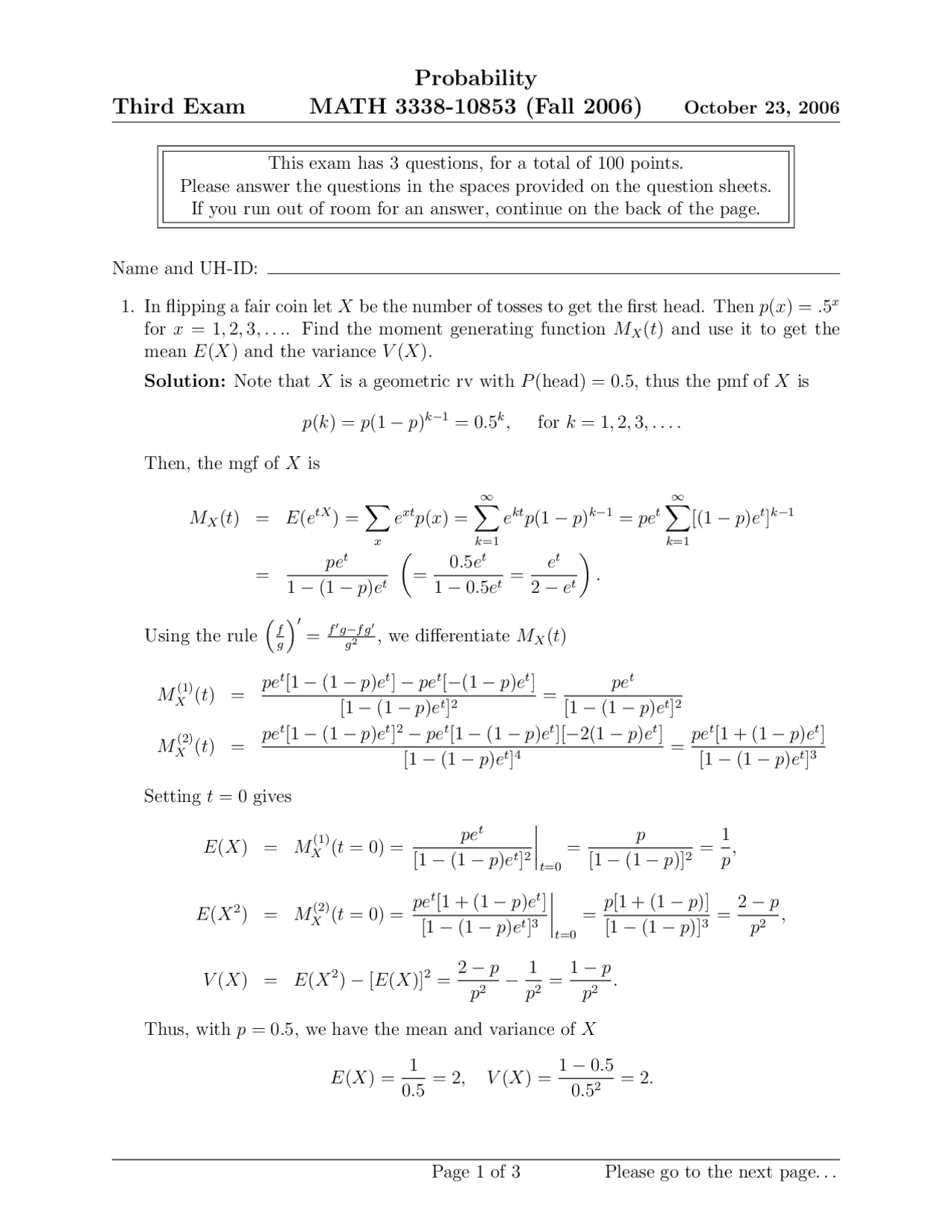 Exam 3 with Solution – Probability | MATH 3338 - Docsity