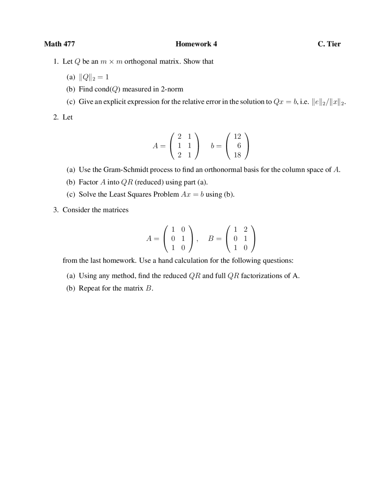 Homework 4 for Numerical Linear Algebra | MATH 477 - Docsity