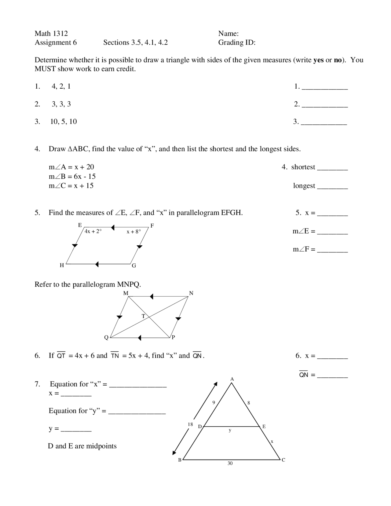 Assignment 6 Problems For Introduction To Mathematics Math 1312 Docsity