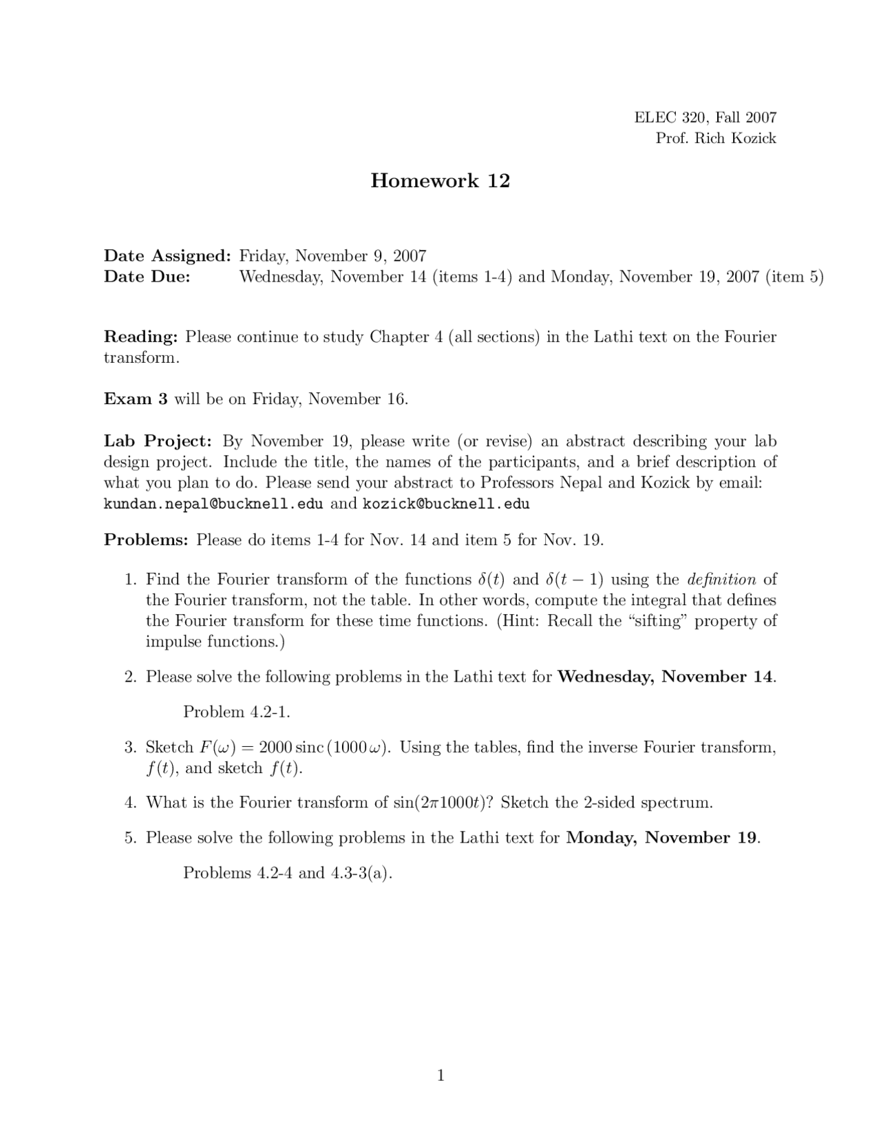 5 Problems On Find Fourier Transform Of Functions Homework 12 Elec