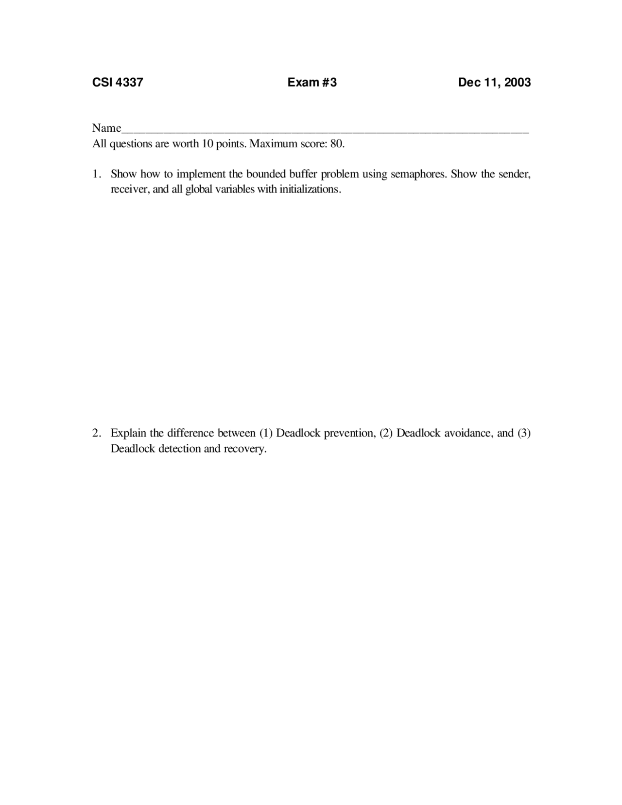 Unsolved Exam 3 Introduction To Operating Systems Csi 4337 Docsity