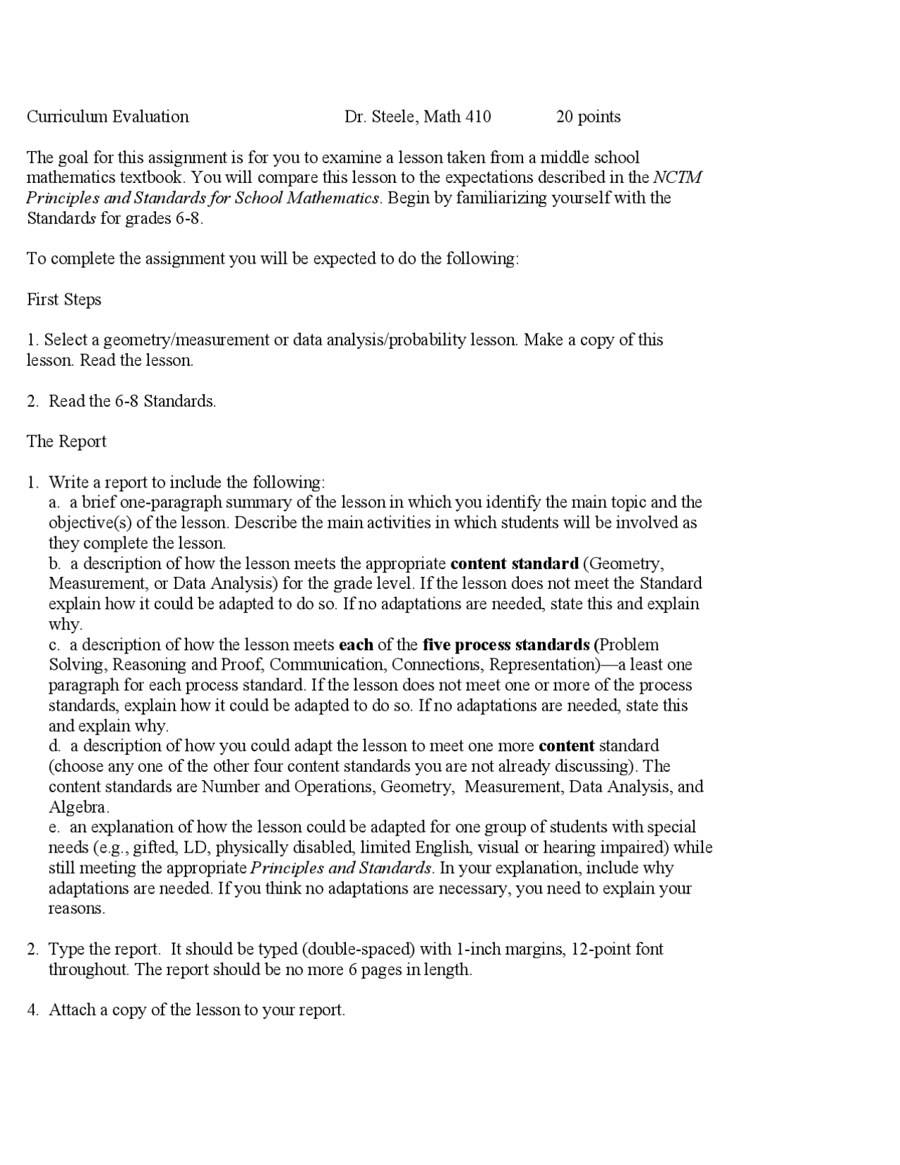 Methods of Instruction in The Mathematics Curriculum - Assignment | MATH 410 - Docsity