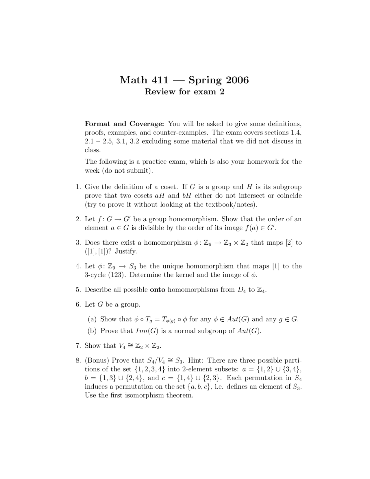 8 Questions On Introduction To Abstract Algebra I Review Sheet Math