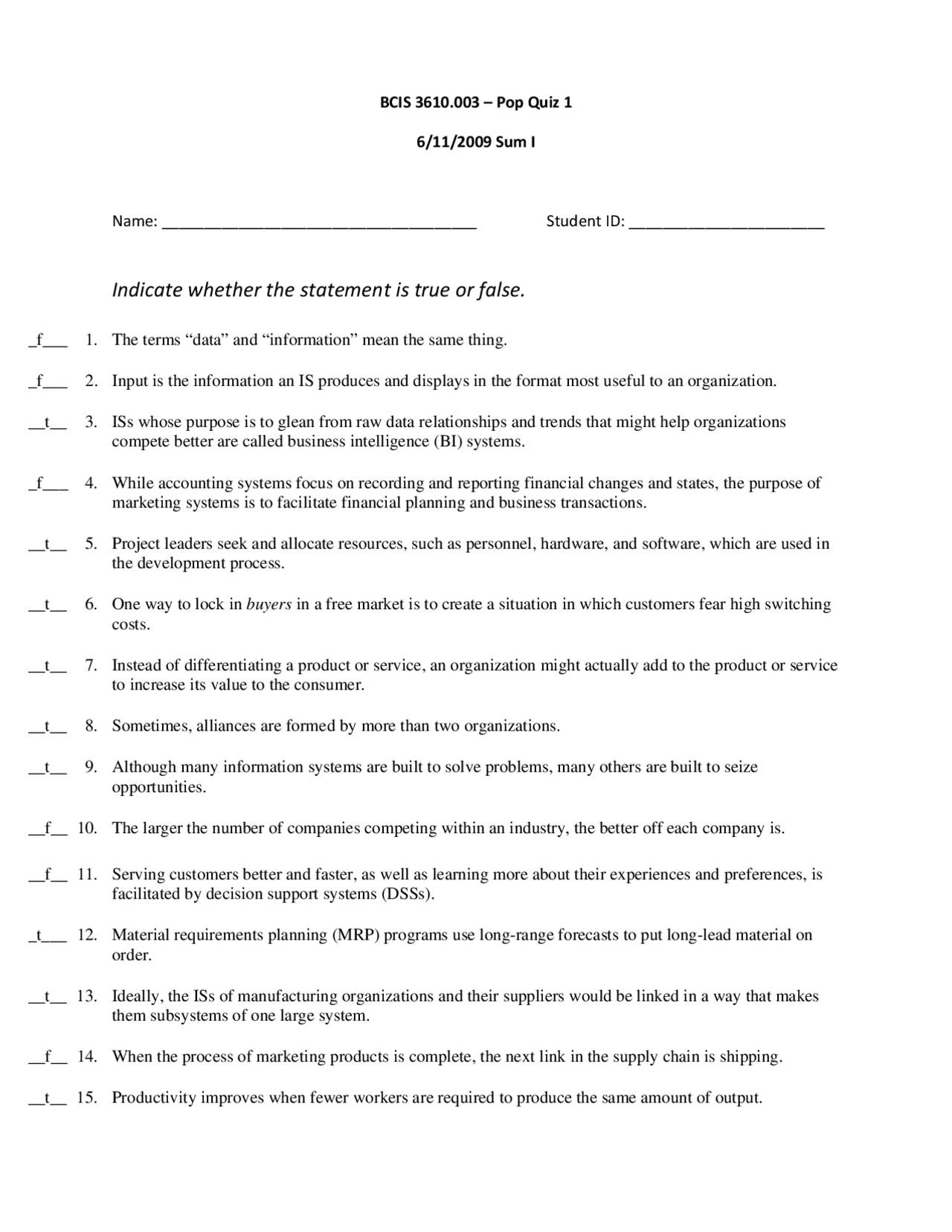 Solved Quiz 1 Basic Information Systems Bcis 3610 Docsity