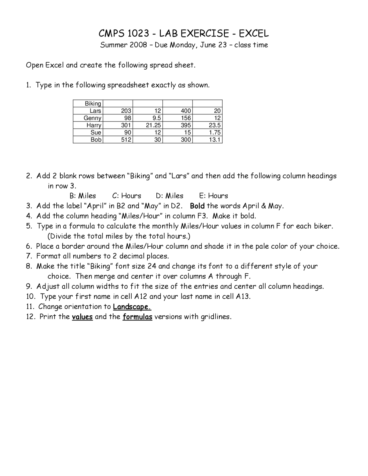 12 Questions In Lab Exercise Computing For Science Majors Cmps 1023