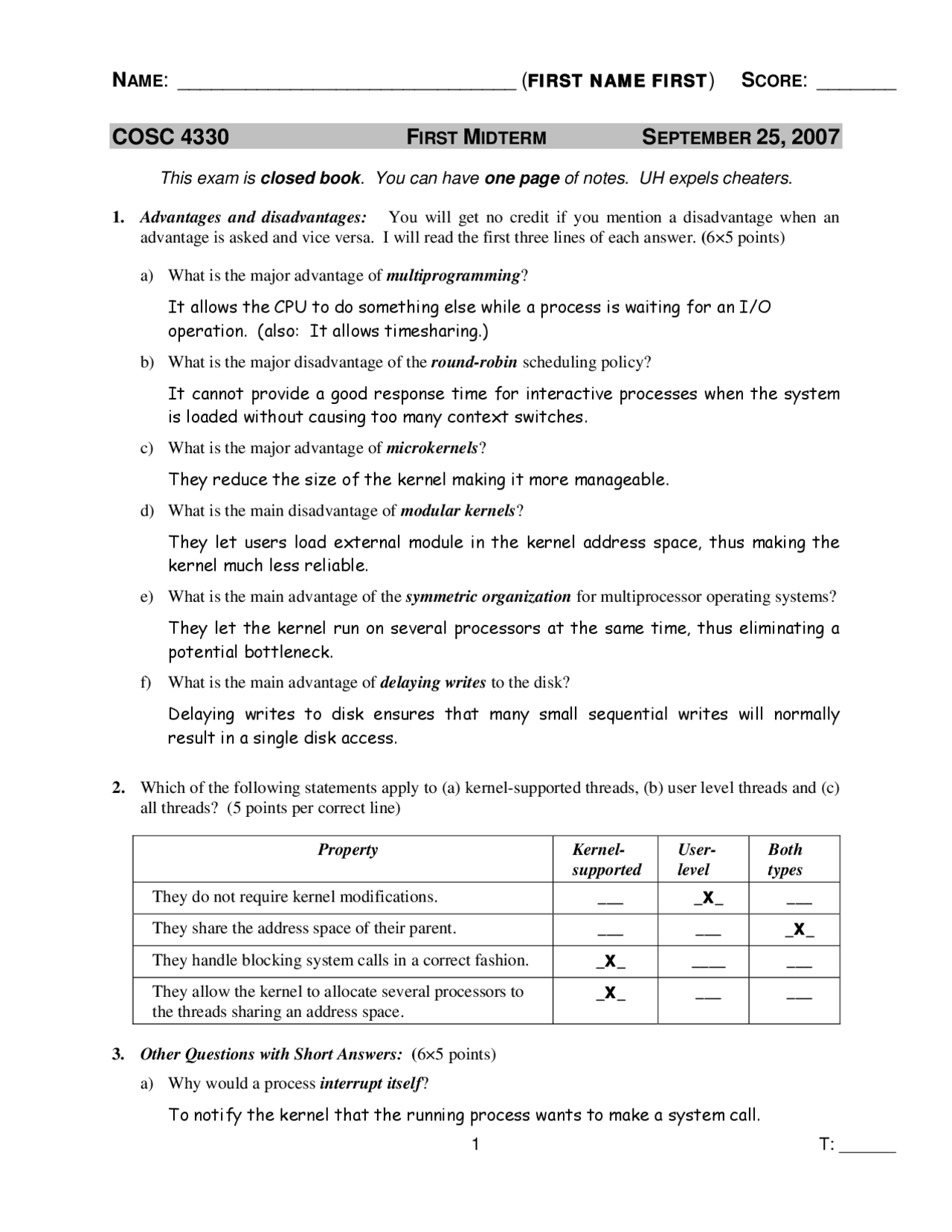 Questions of Fundamental Operating System - Midterm Exam | COSC 4330 | Exams Computer Science ...
