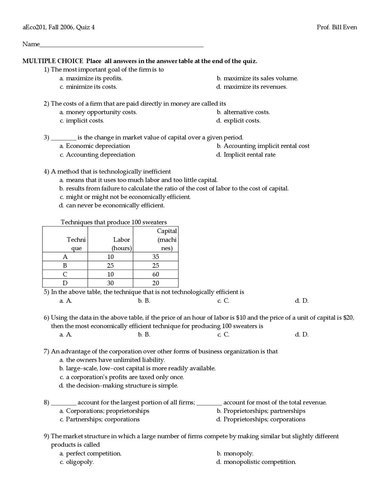 Quiz 4 For Principles Of Microeconomics Fall 2006 Eco 201 Docsity