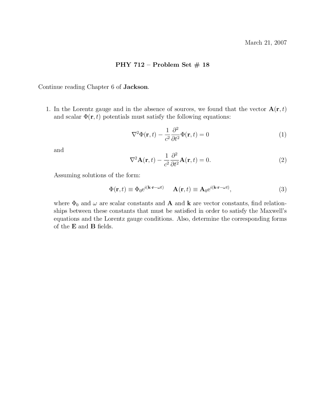 Problem Set 18 Problem On Electromagnetism Phy 712 Docsity