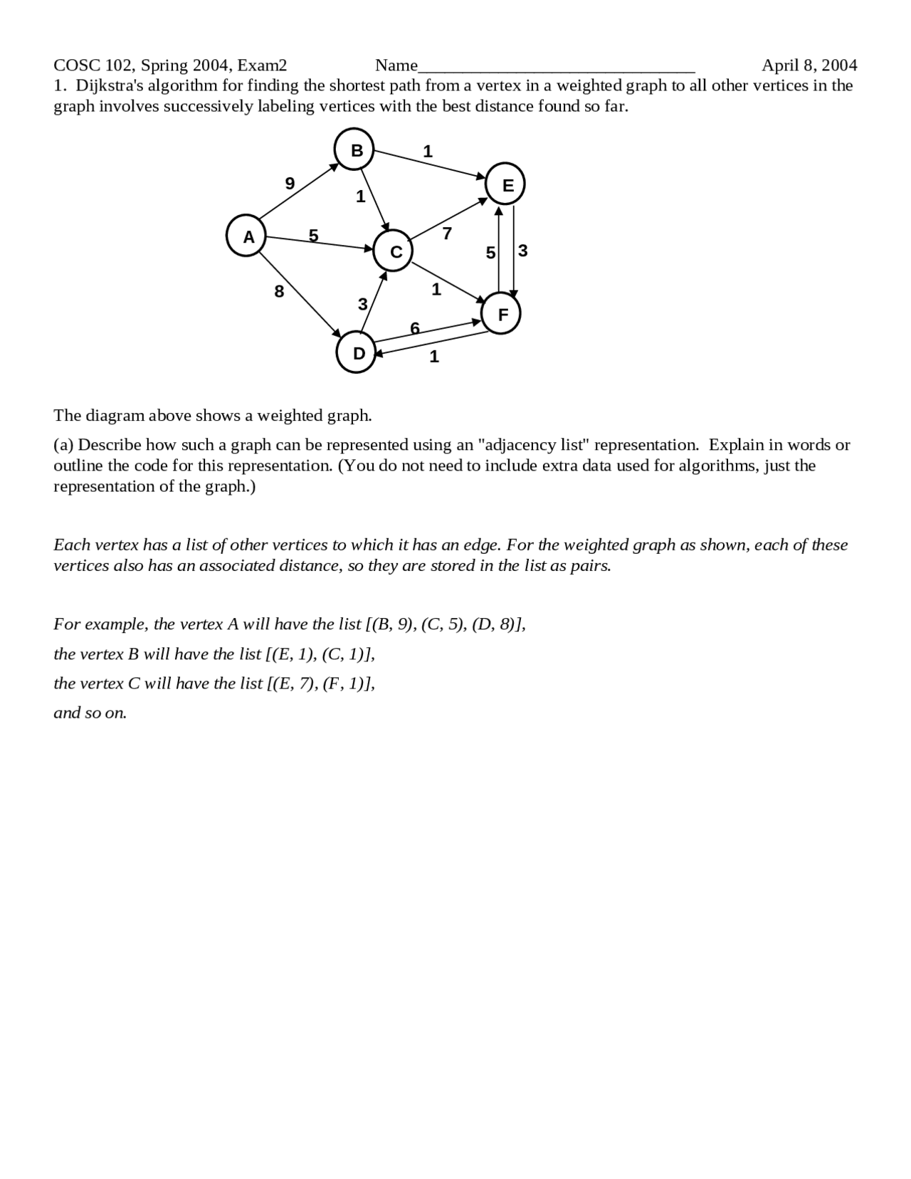 Exam 2 With Solutions Introduction To Computing Ii Cosc 102 Docsity