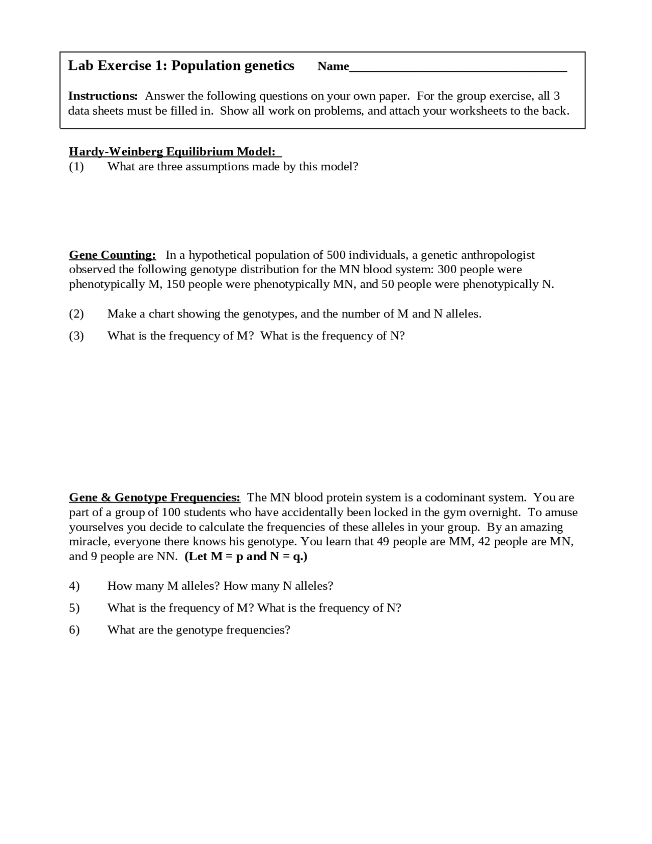 Lab Exercise For Population Genetics Anth 101 Docsity