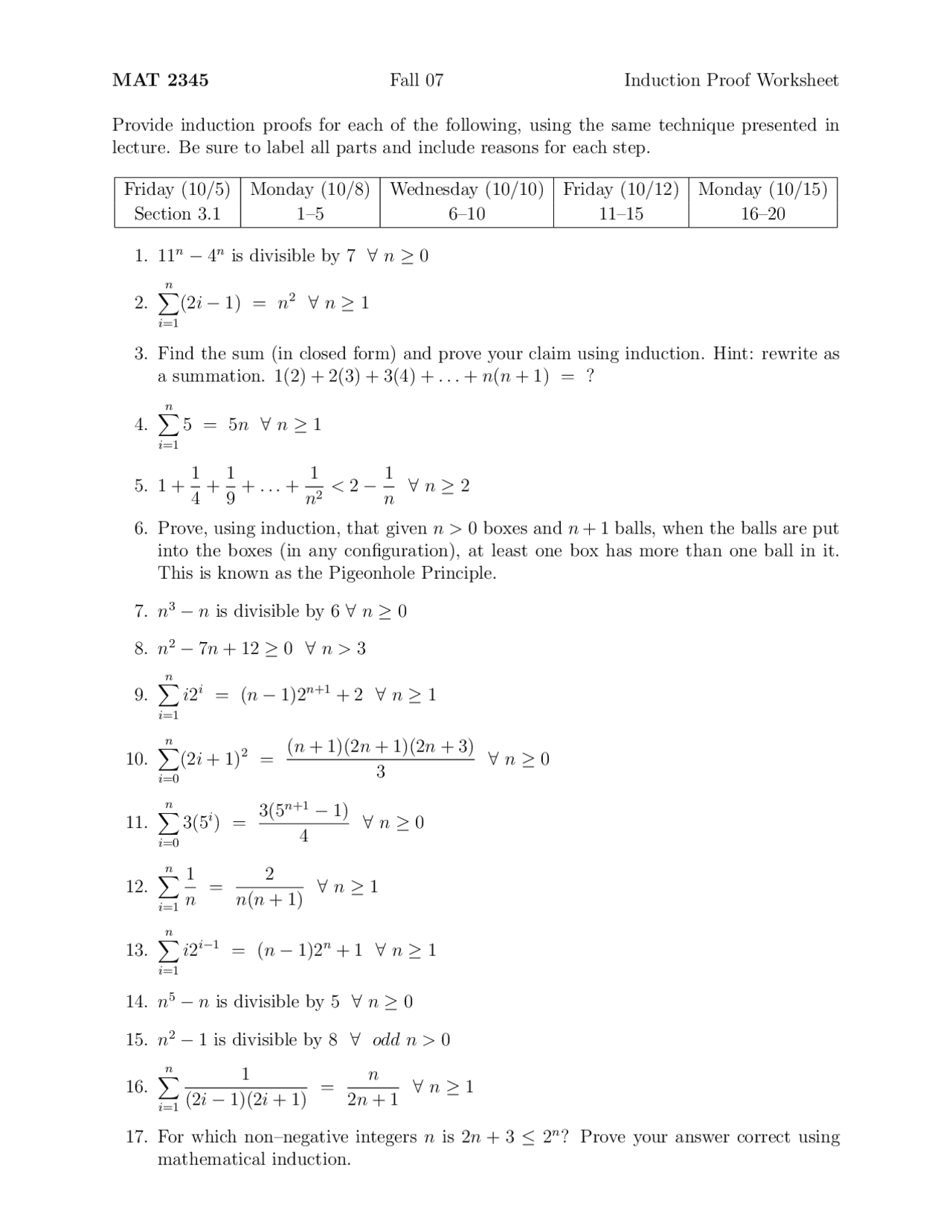 Induction Proof Worksheet Elements Of Discrete Mathematics Mat 2345