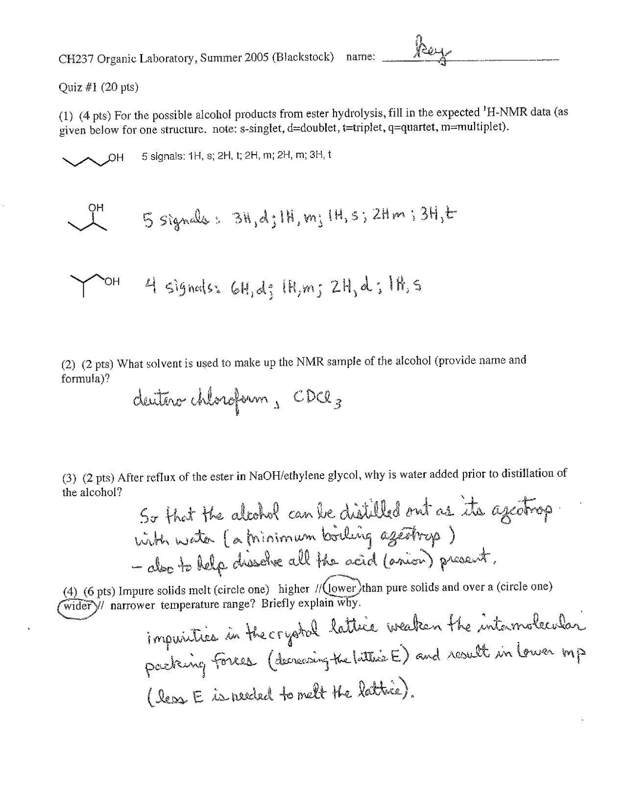 Quiz 1 With Solution Key Elementary Organic Chemistry Lab Summer