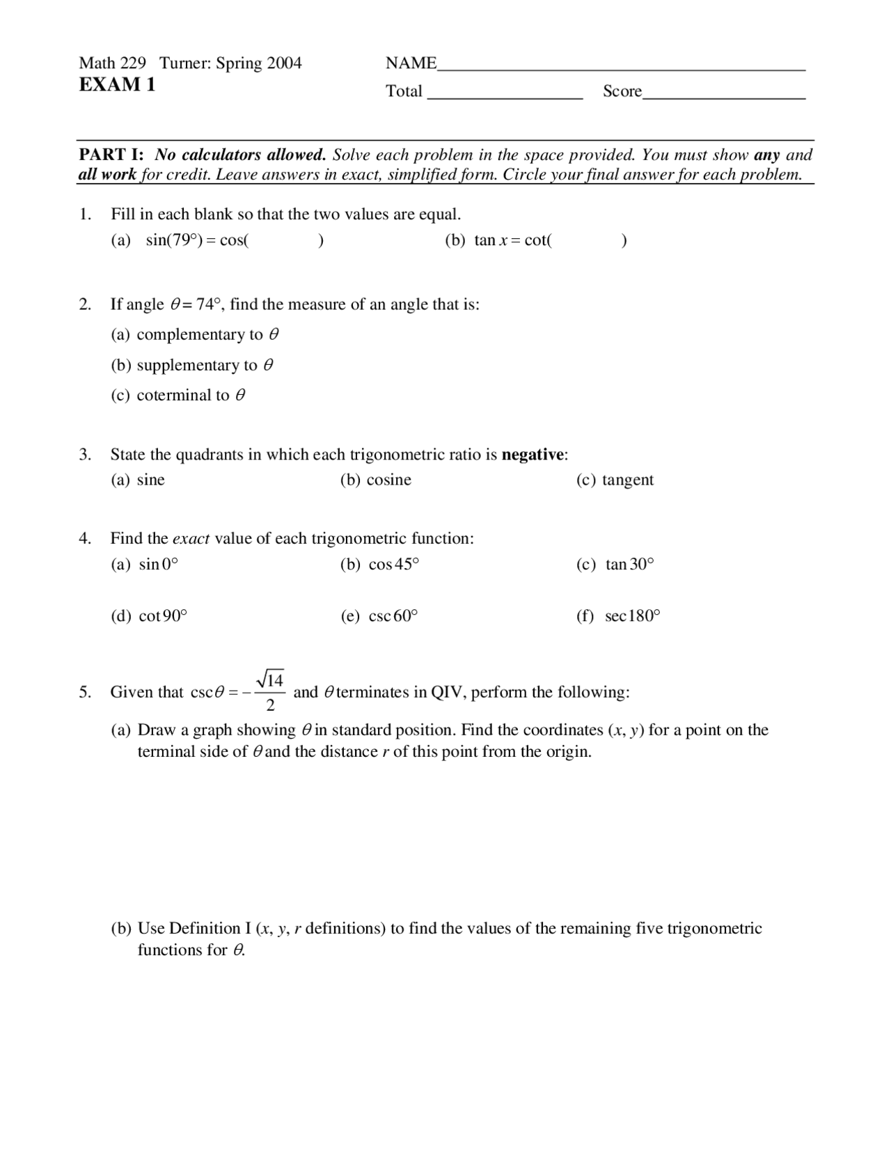 15 Questions on the Trigonometric Ratios - Exam 1 | MATH 229 | Exams ...
