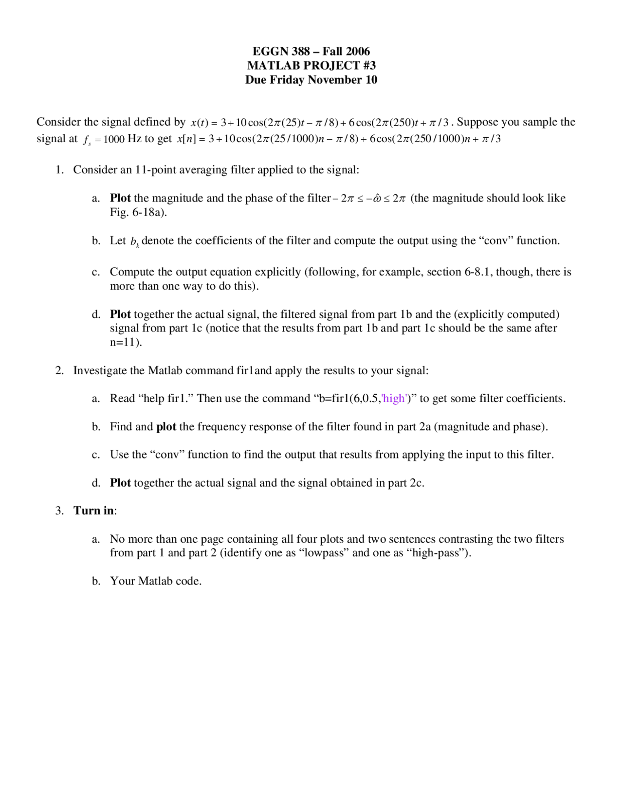 Information Systems Science Matlab Project 3 Eggn 388 Docsity